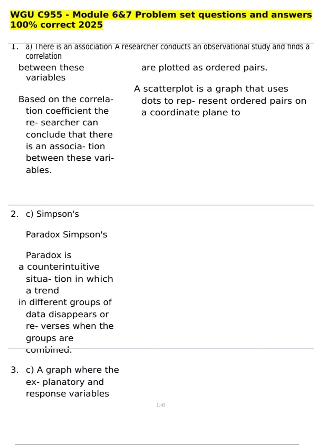 WGU C955 - Module 6&7 Problem set questions and answers 100% correct ...