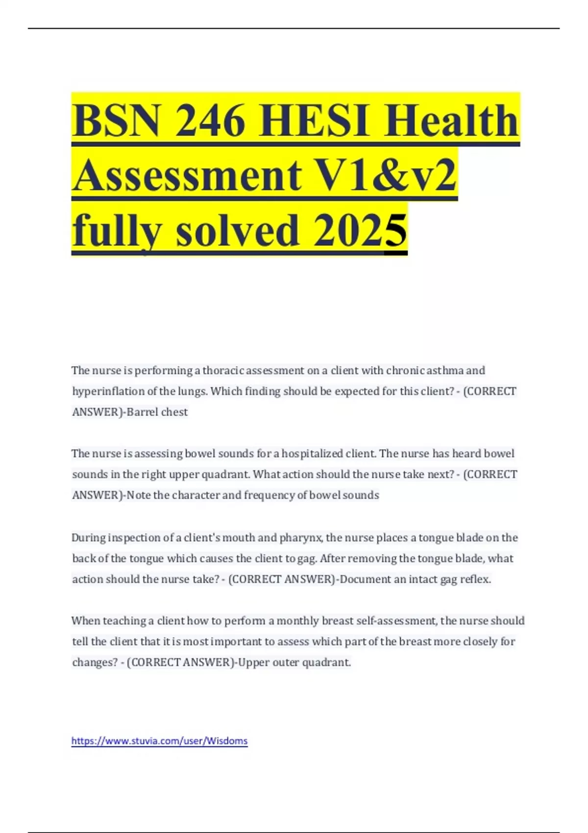 BSN 246 HESI Health Assessment Exam V1 & V2 (Latest 2025/ 2026 Update ...