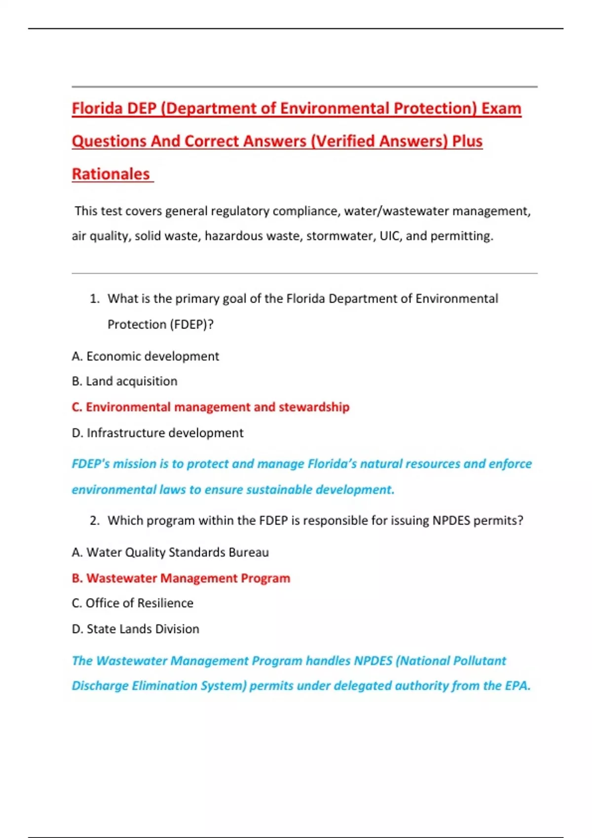 Florida DEP (Department of Environmental Protection) Exam Questions And ...