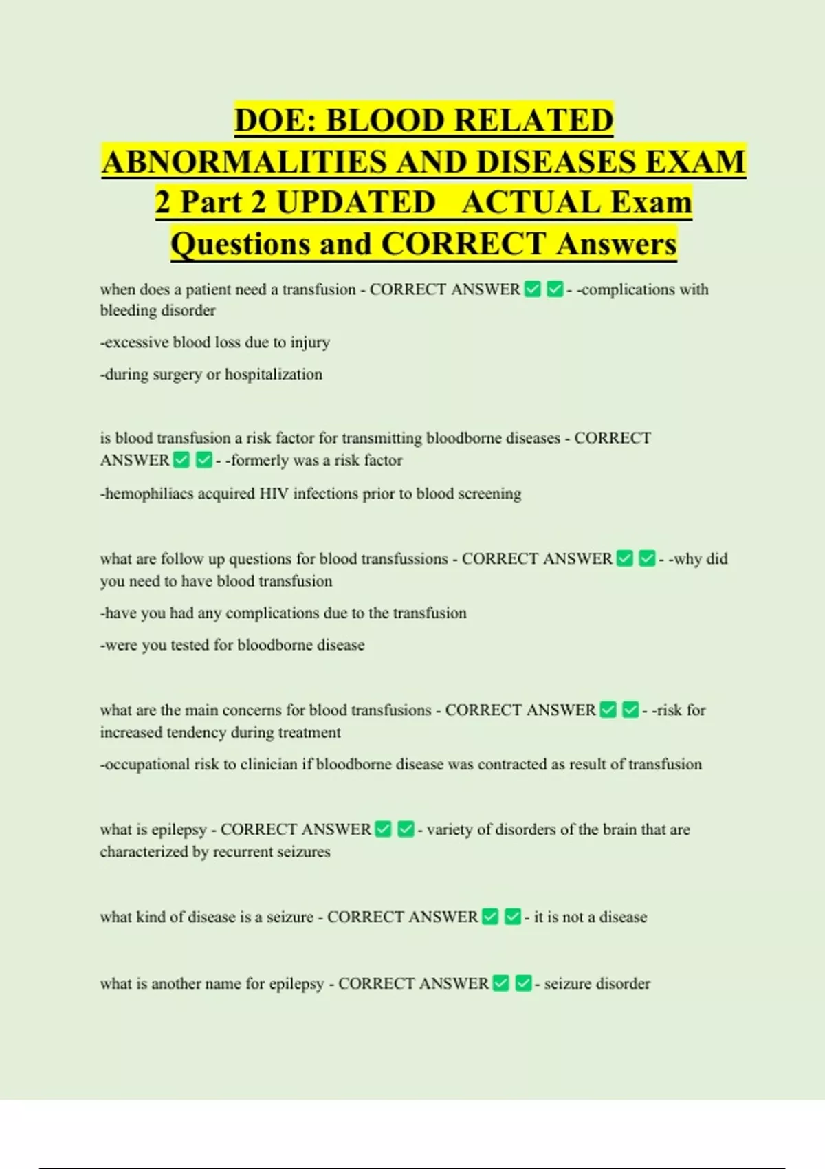 DOE: BLOOD RELATED ABNORMALITIES AND DISEASES EXAM 2 Part 2 UPDATED ...