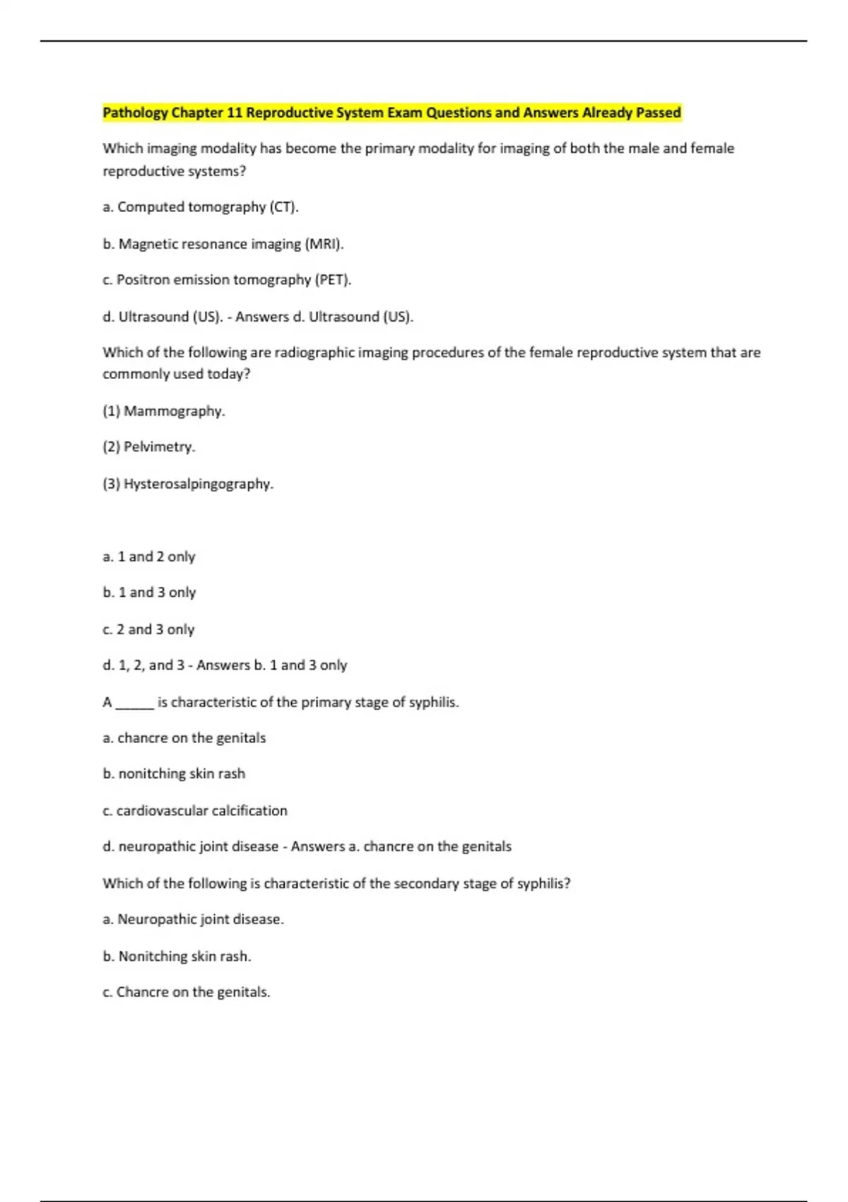 Pathology Chapter 11 Reproductive System Exam Questions and Answers ...