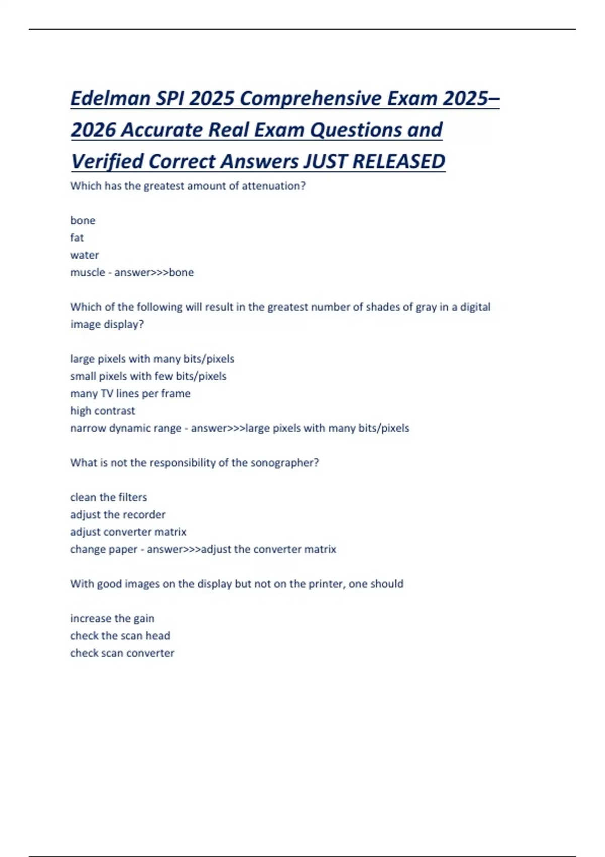 Edelman SPI 2025 Comprehensive Exam 2025–2026 ARDMS SPI Accurate Real Exam Questions and ...