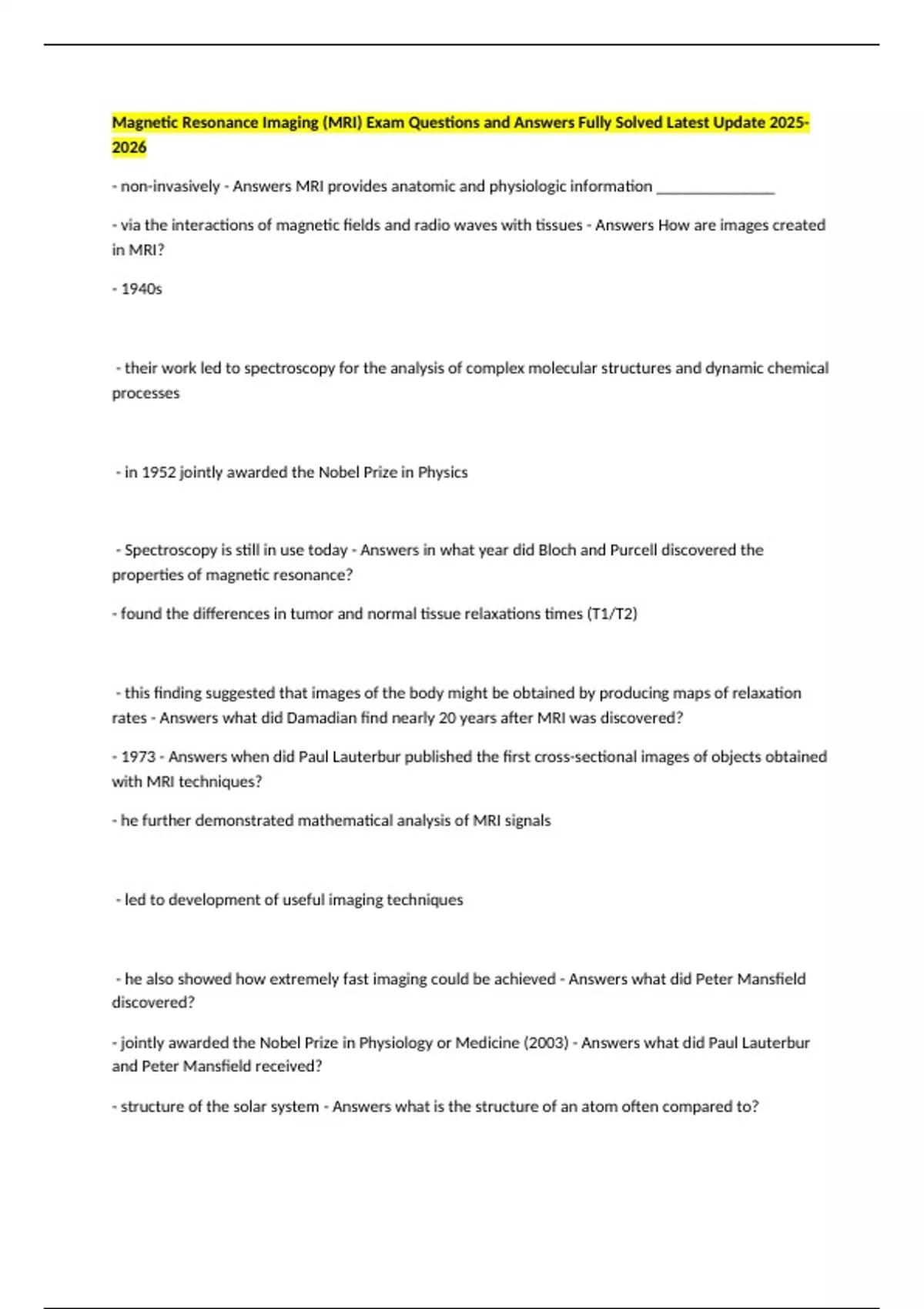 Magnetic Resonance Imaging (MRI) Exam Questions and Answers Fully ...