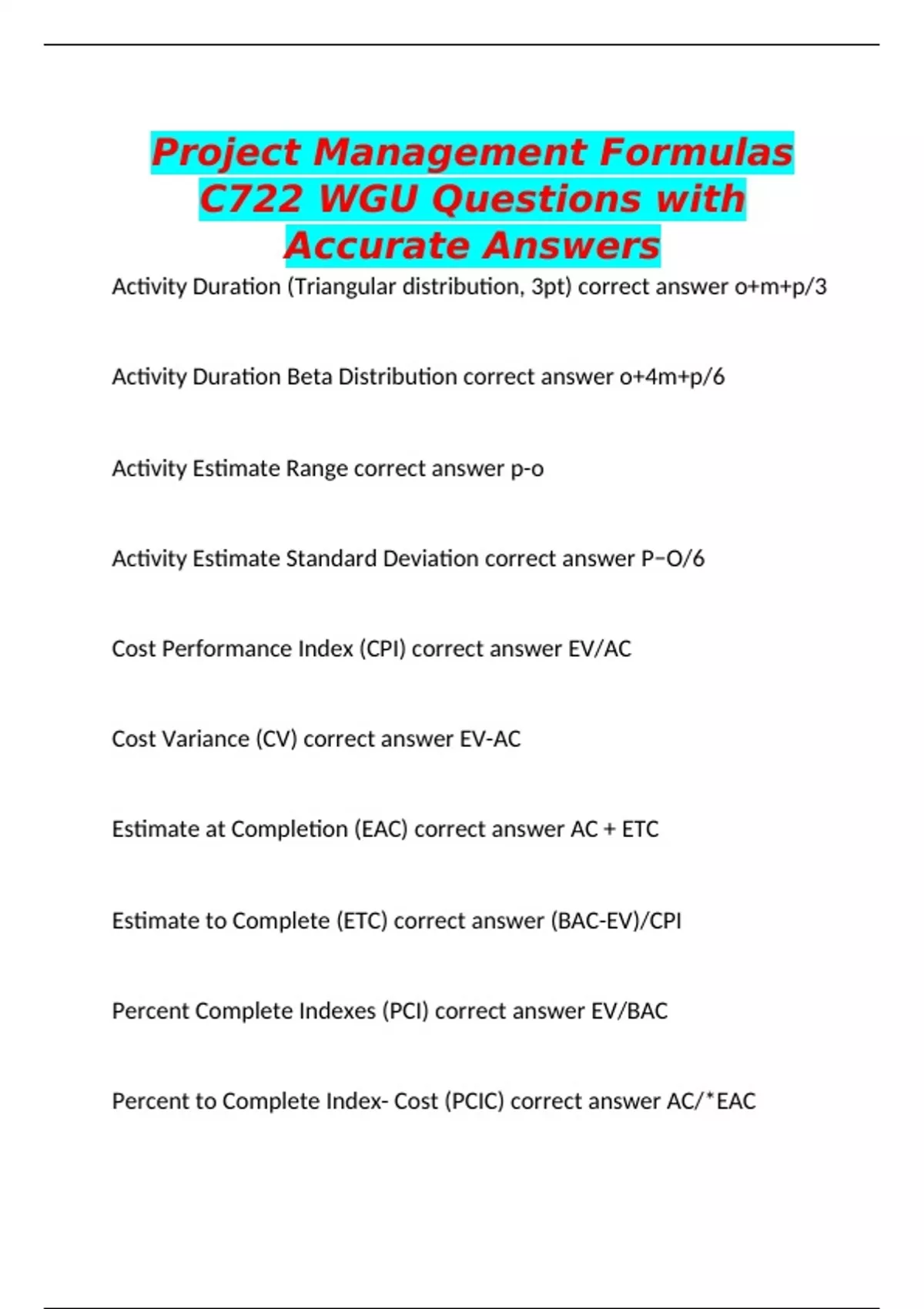 Project Management Formulas C722 WGU Questions with Accurate Answers ...