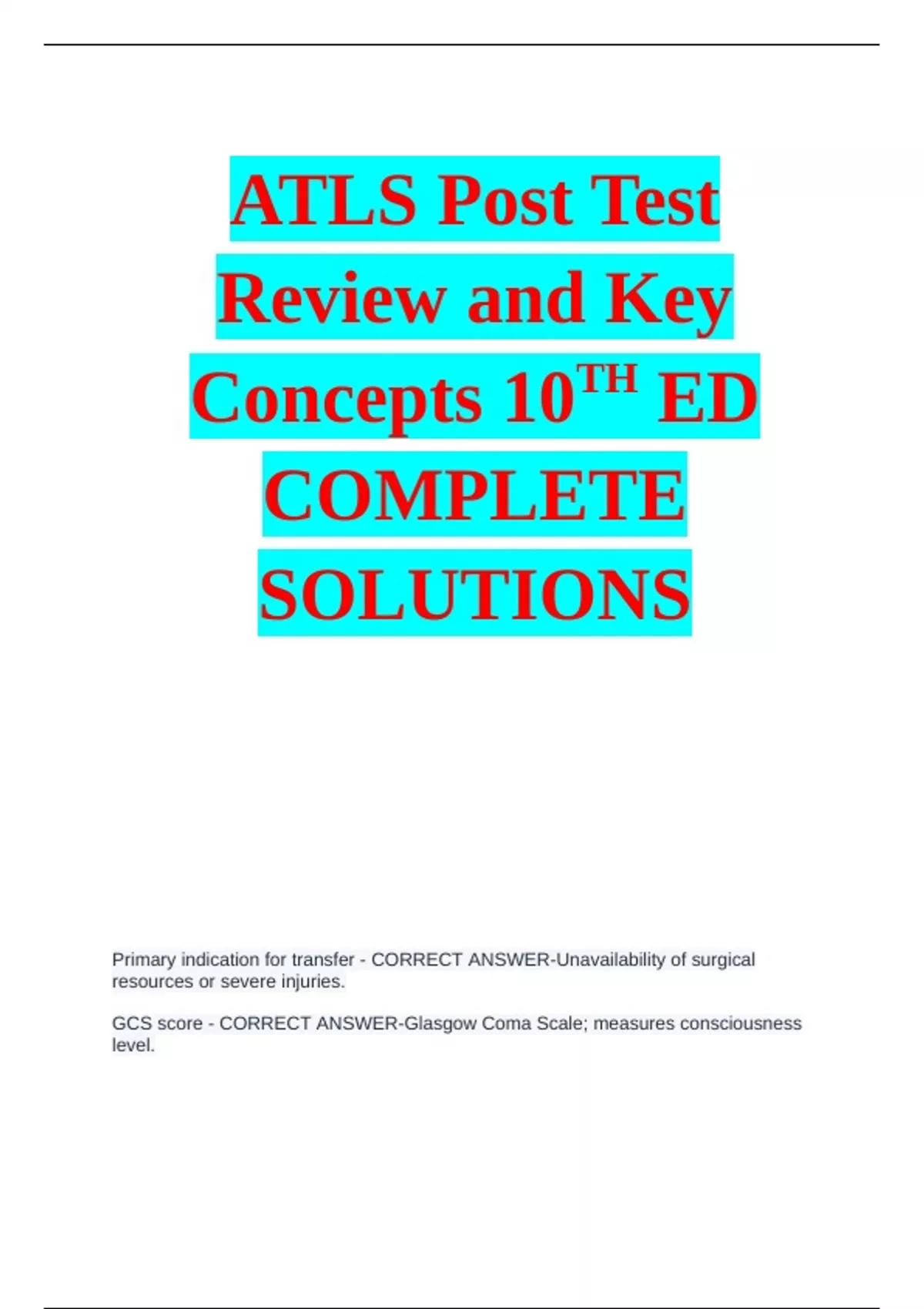 ATLS Post Test Review and Key Concepts 10TH ED COMPLETE SOLUTIONS ...