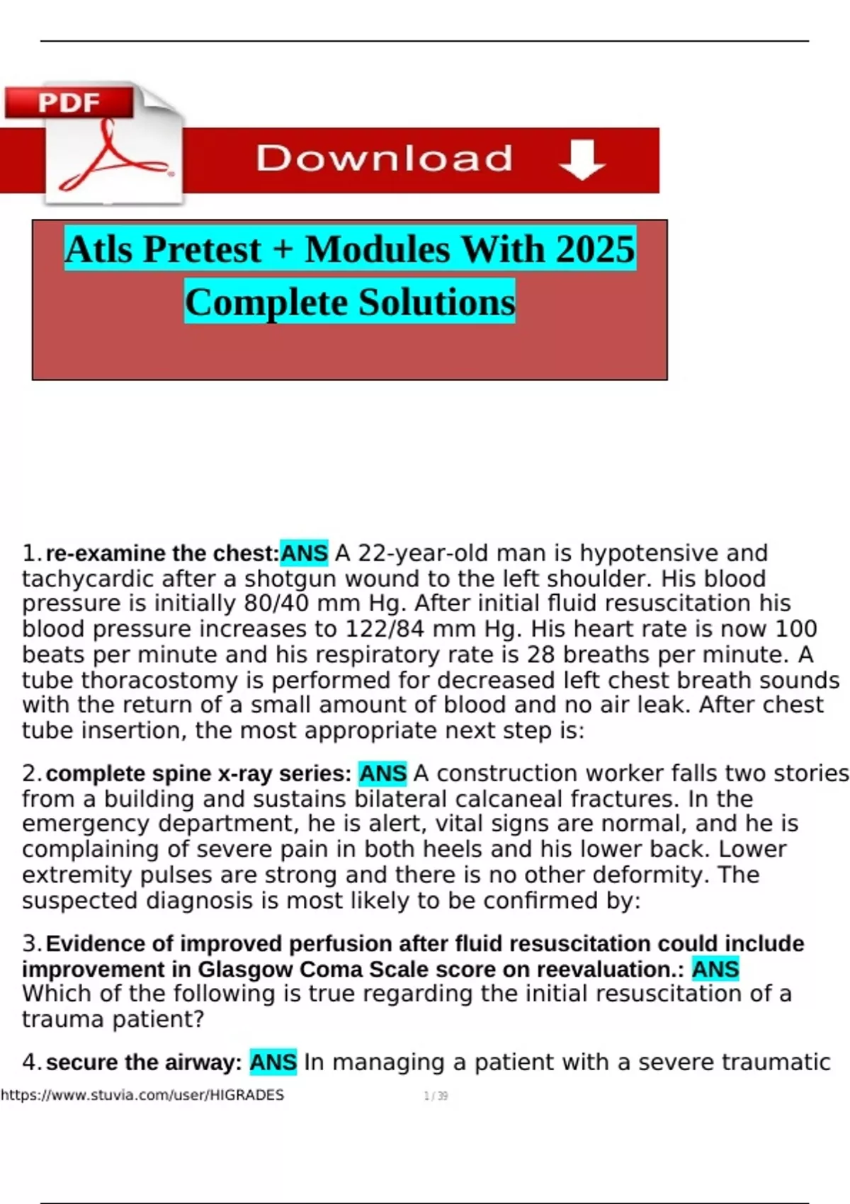 Atls Pretest + Modules With 2025 Complete Solutions - ATLS - Stuvia US
