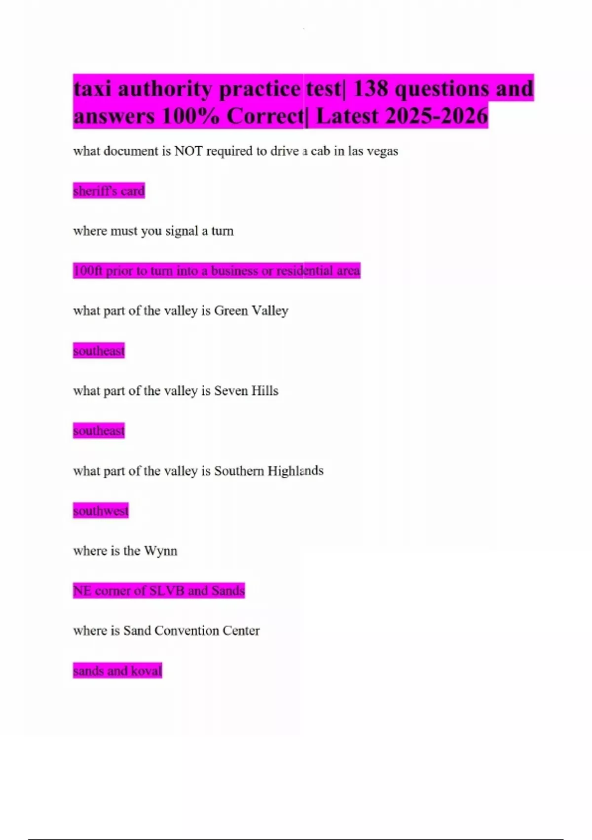taxi authority practice test| 138 questions and answers 100% Correct ...