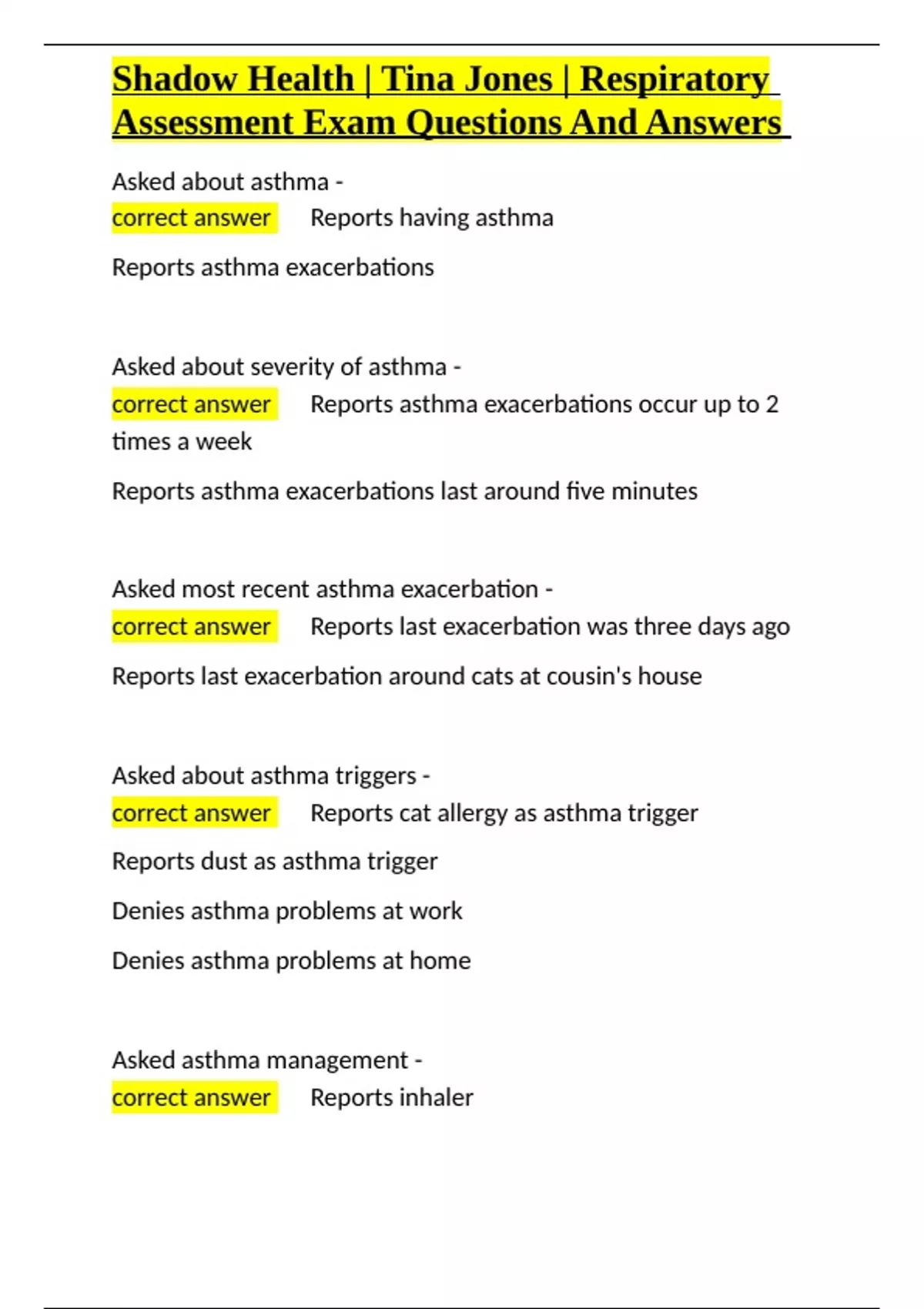 Shadow Health Tina Jones Respiratory Assessment Exam Questions And ...