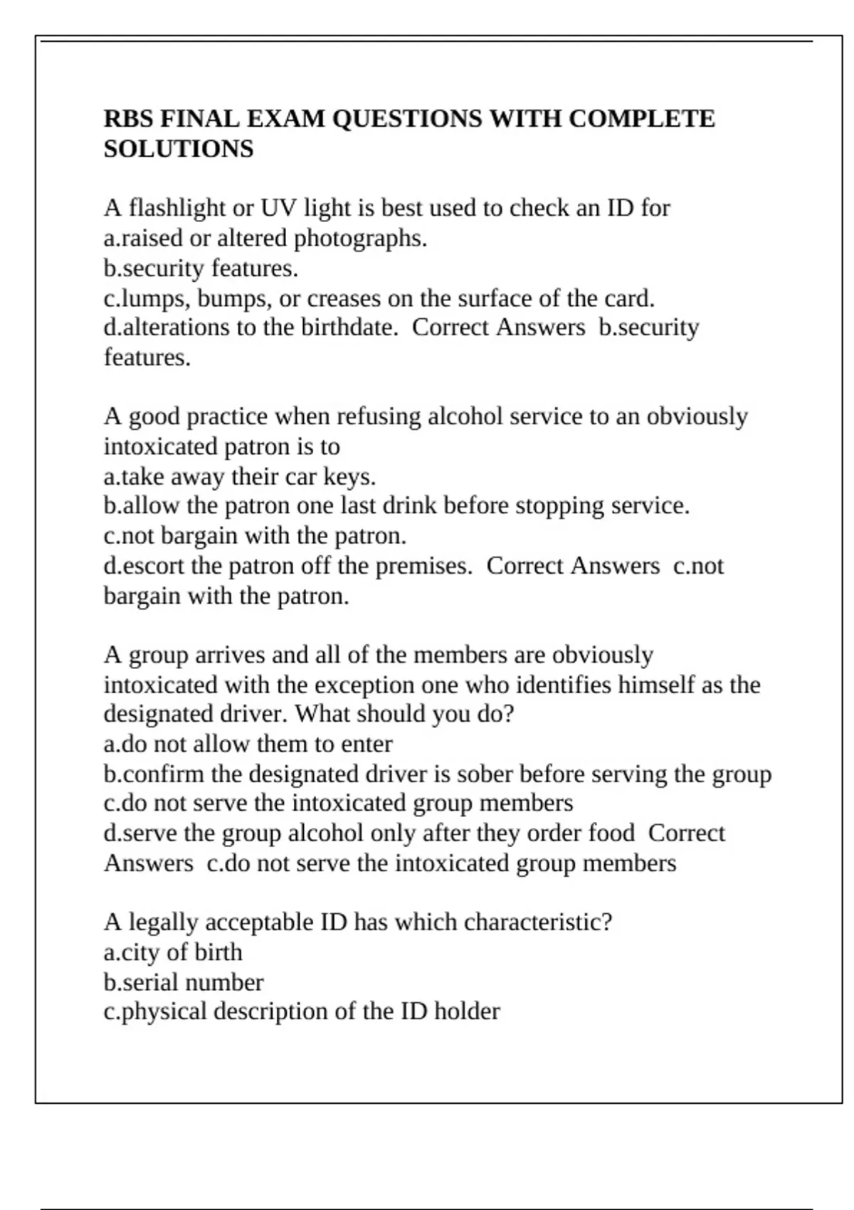 RBS FINAL EXAM QUESTIONS WITH COMPLETE SOLUTIONS - RBS - Alcoholic ...