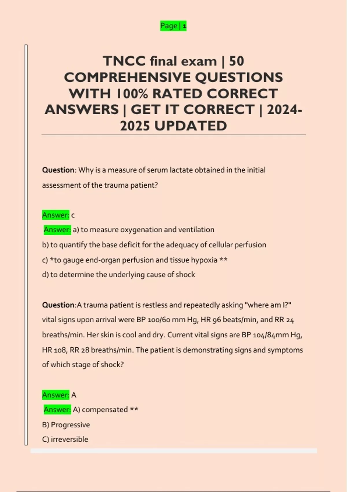 TNCC final exam | 50 COMPREHENSIVE QUESTIONS WITH 100% RATED CORRECT ...