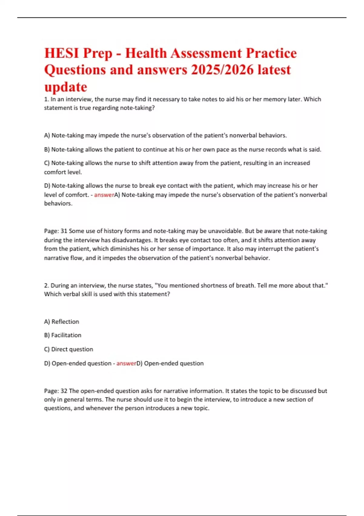 HESI Health Assessment Exam Prep 2025/2026: Practice Questions and ...