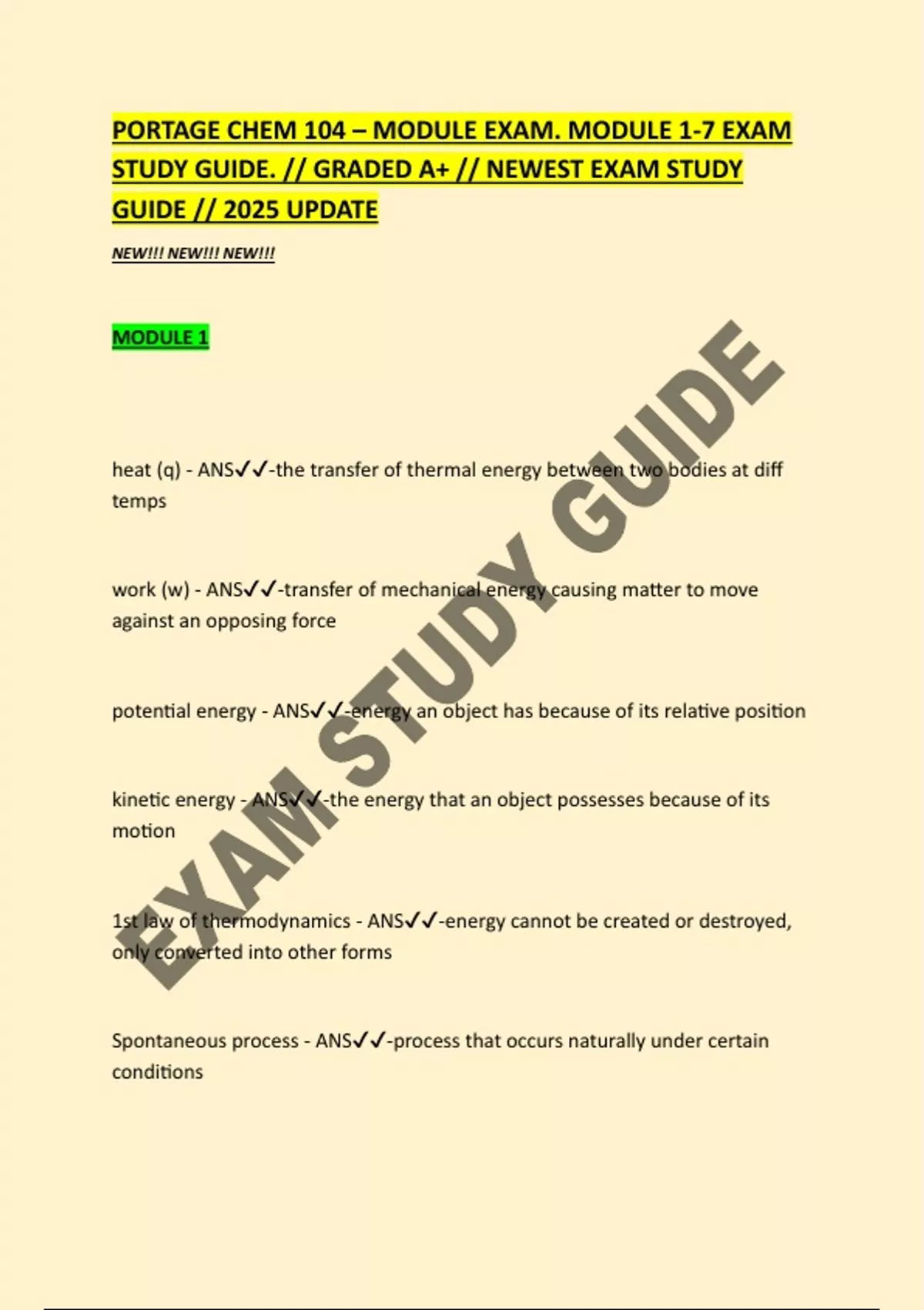 PORTAGE CHEM 104 – MODULE EXAM. MODULE 1-7 EXAM STUDY GUIDE. // GRADED ...
