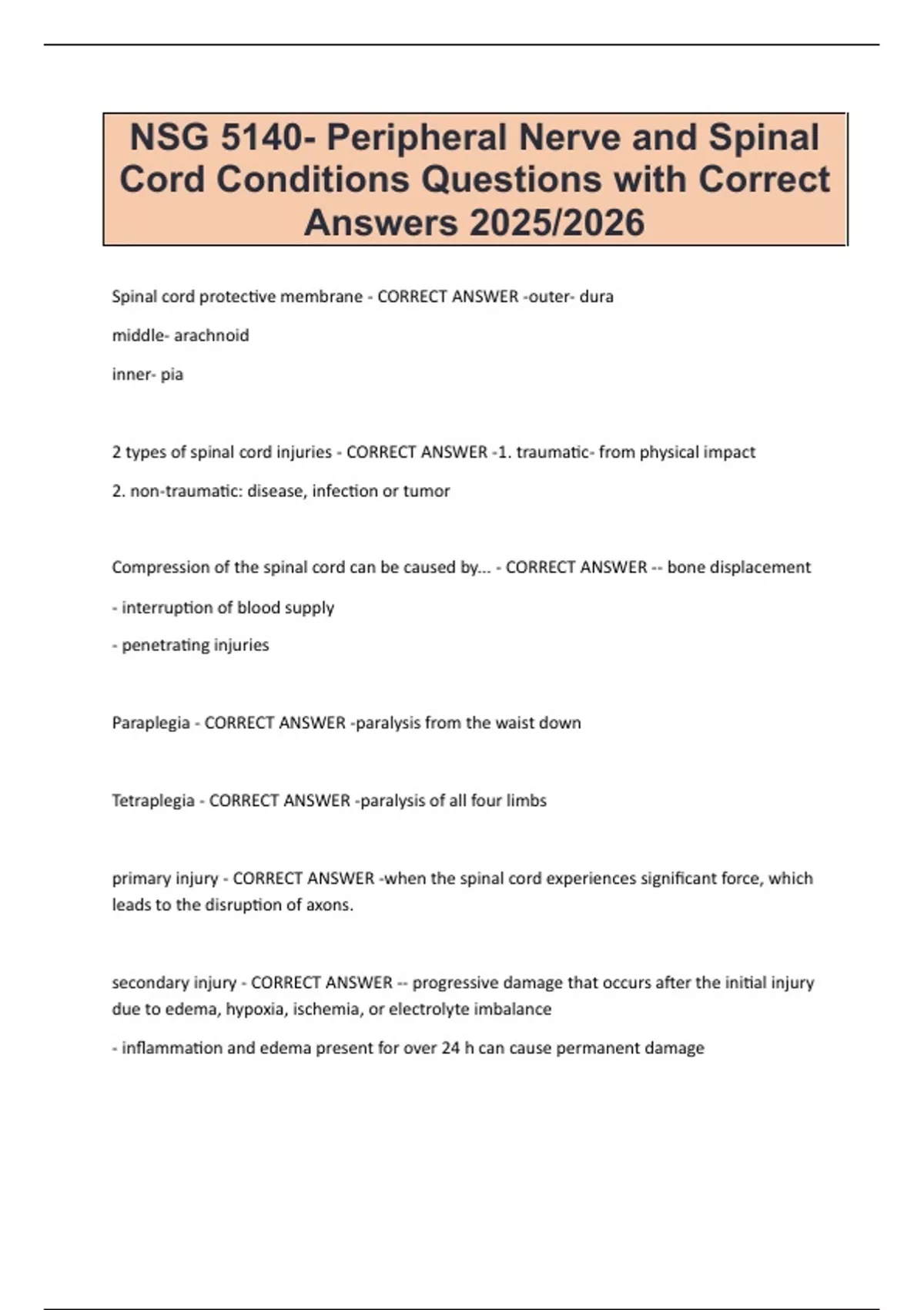 NSG 5140- Peripheral Nerve and Spinal Cord Conditions Questions with ...