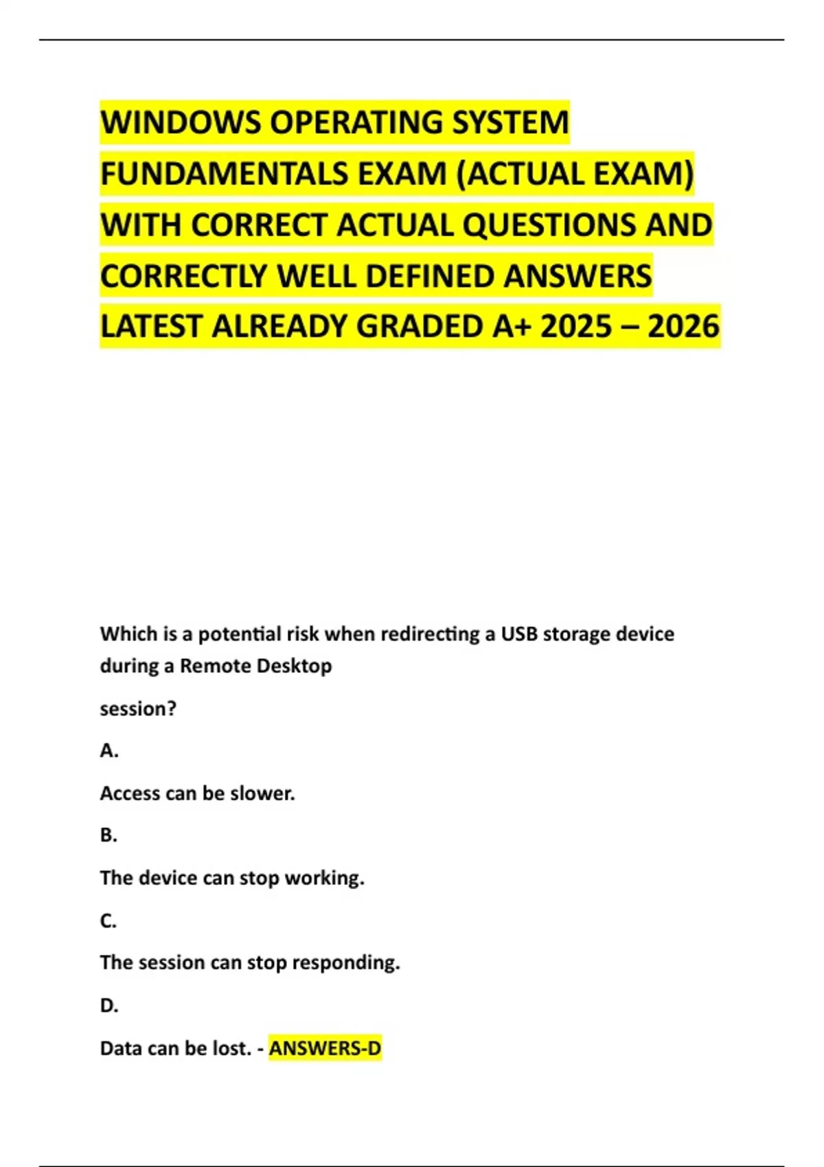 WINDOWS OPERATING SYSTEM FUNDAMENTALS EXAM (ACTUAL EXAM) WITH CORRECT ...