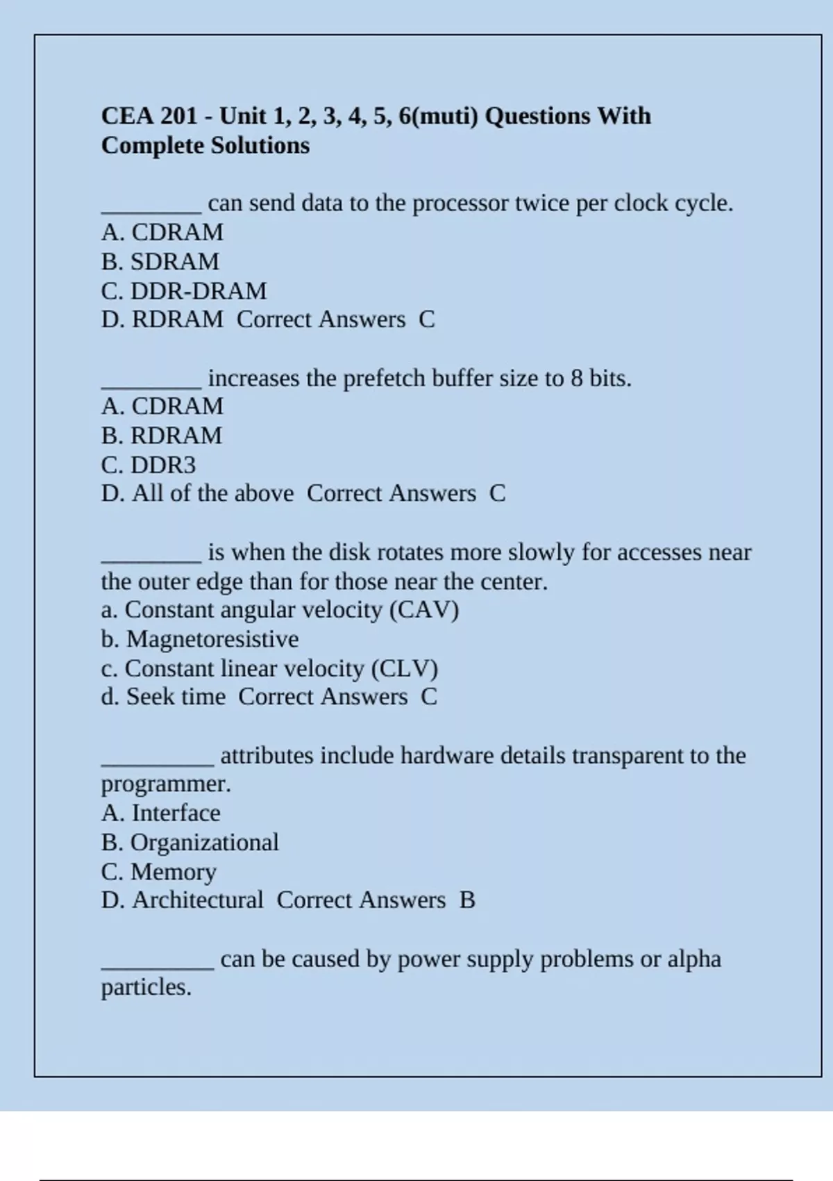 CEA 201 - Unit 1, 2, 3, 4, 5, 6(muti) Questions With Complete Solutions - CEA 201 - Stuvia US