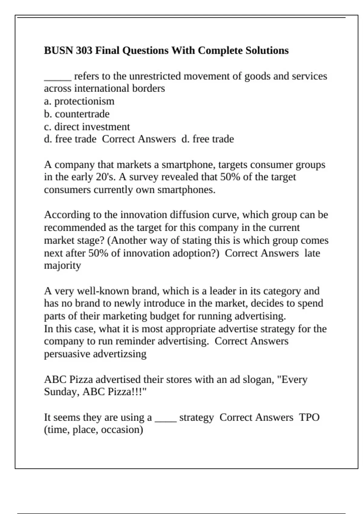 BUSN 303 Final Questions With Complete Solutions - BUSN 303 - Stuvia US