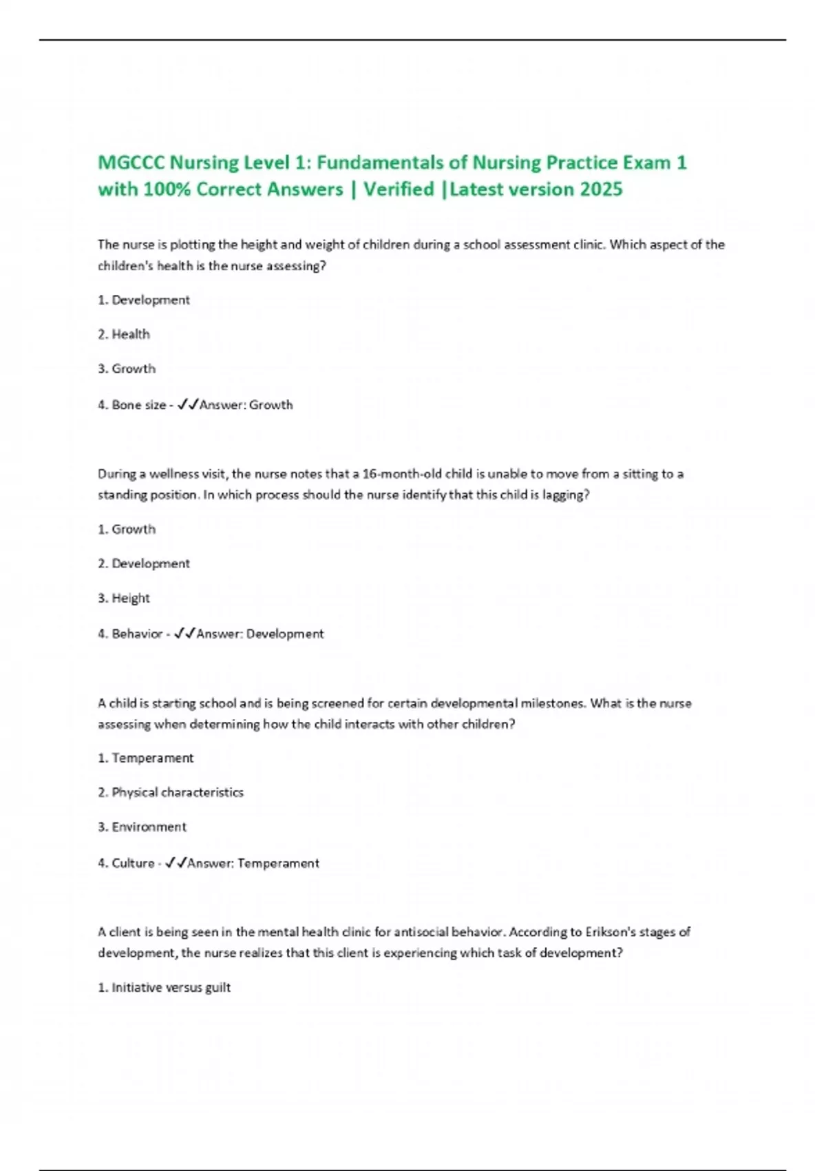 MGCCC Nursing Level 1: Fundamentals of Nursing Practice Exam 1 with 100 ...