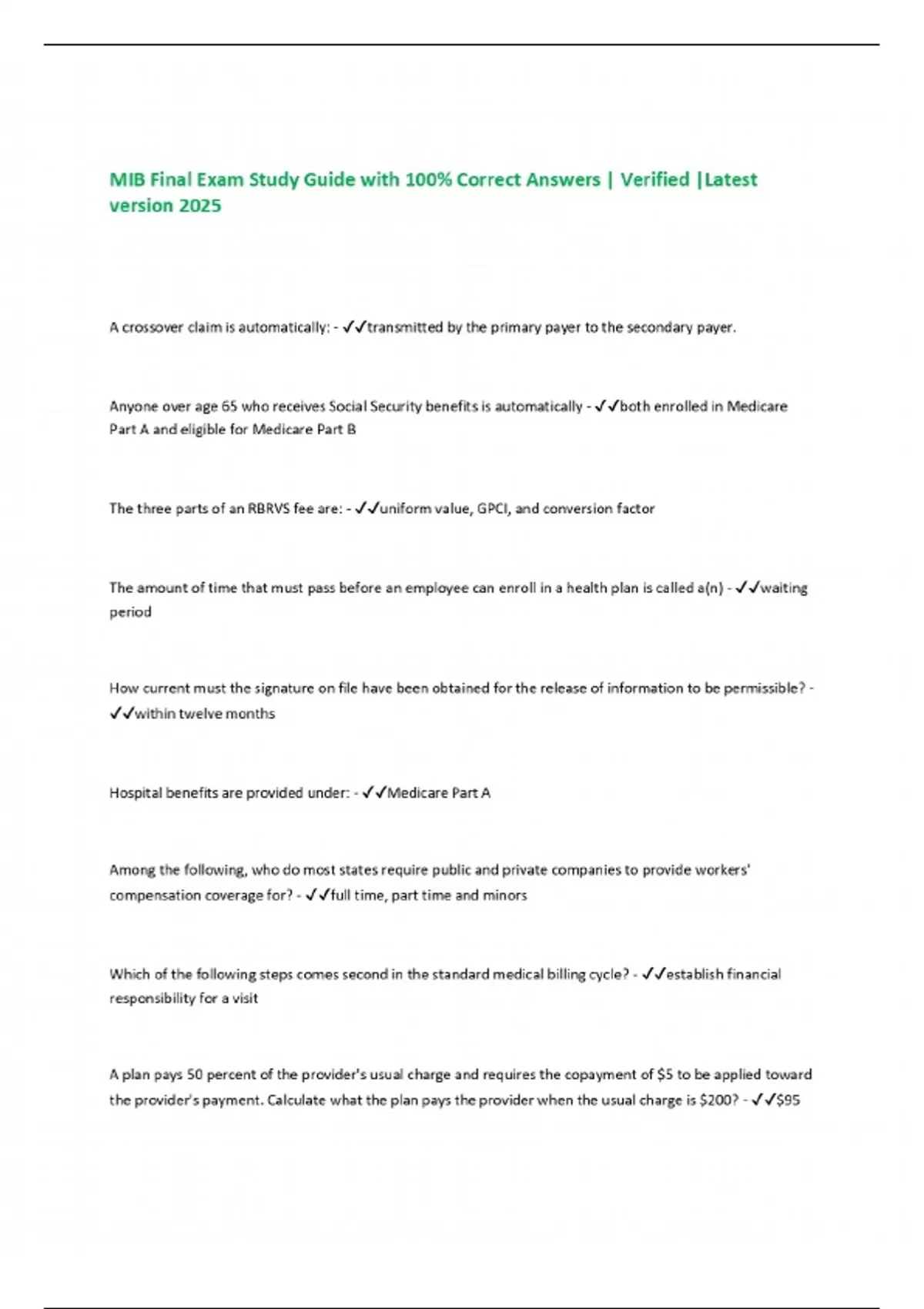 MIB Final Exam Study Guide with 100% Correct Answers | Verified |Latest ...