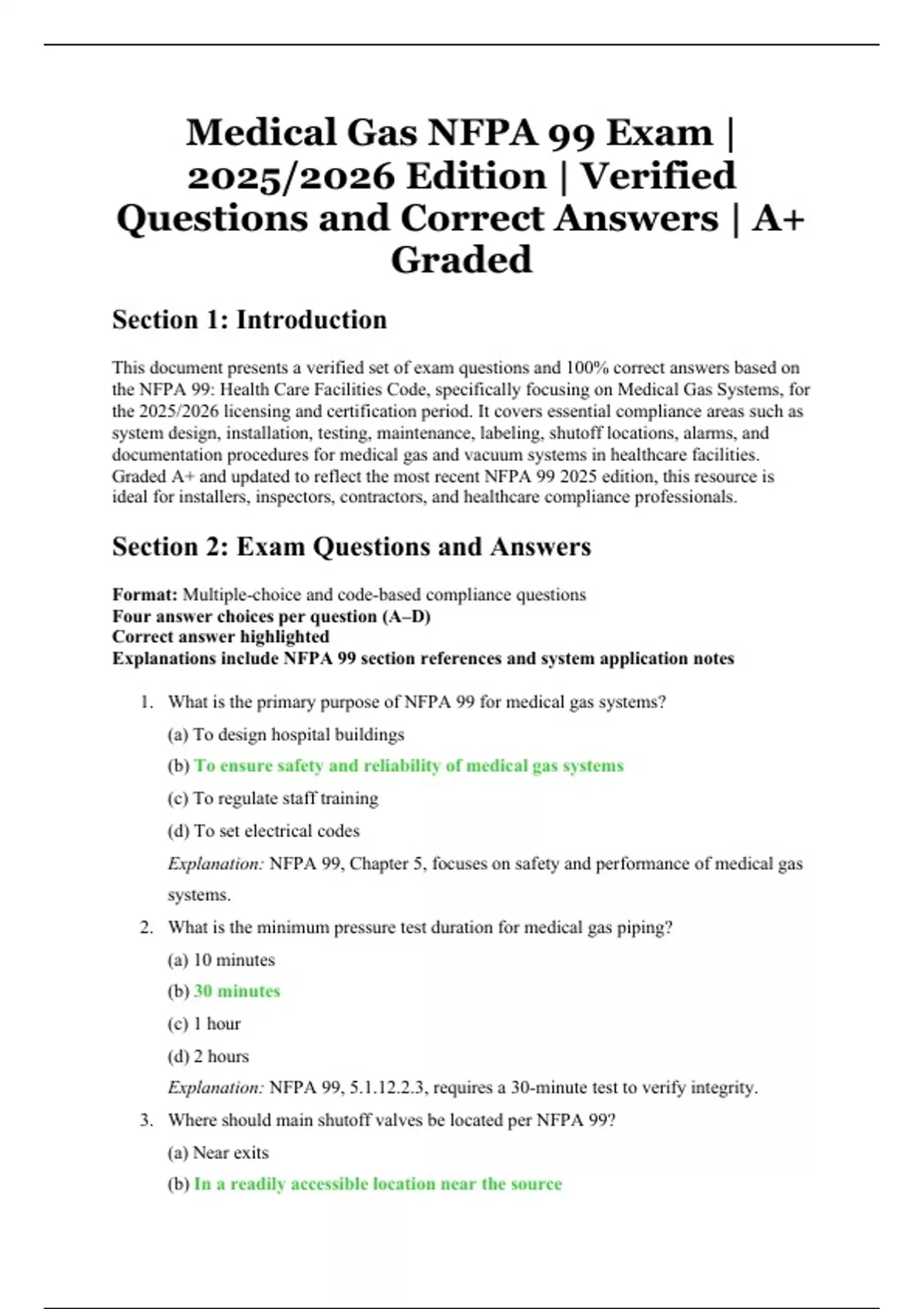Medical Gas NFPA 99 Exam – 2025/2026 Edition – Verified Questions and ...
