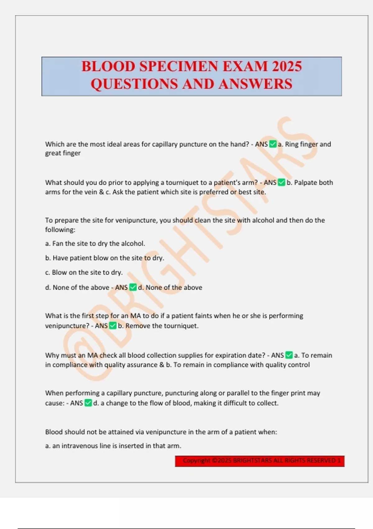 BLOOD SPECIMEN EXAM 2025 QUESTIONS AND ANSWERS - BLOOD - Stuvia US