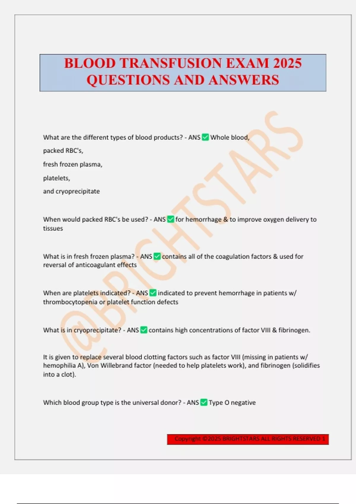 BLOOD TRANSFUSION EXAM 2025 QUESTIONS AND ANSWERS - BLOOD - Stuvia US
