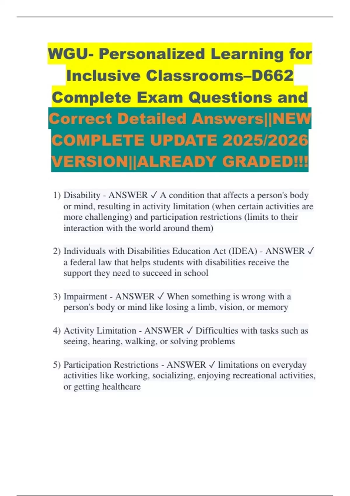 WGU- Personalized Learning for Inclusive Classrooms–D662 Complete Exam ...