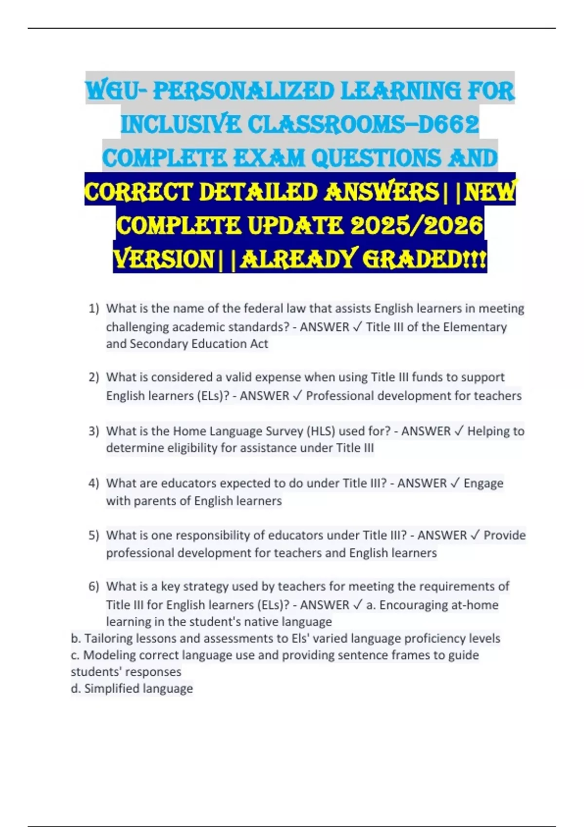 WGU- Personalized Learning for Inclusive Classrooms–D662 Complete Exam ...