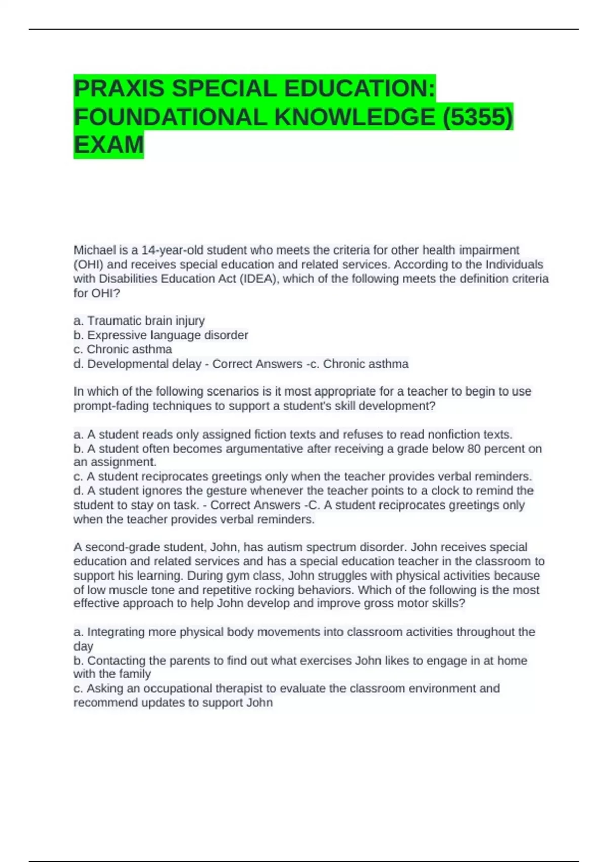 PRAXIS SPECIAL EDUCATION FOUNDATIONAL KNOWLEDGE (5355) EXAM QUESTIONS ...
