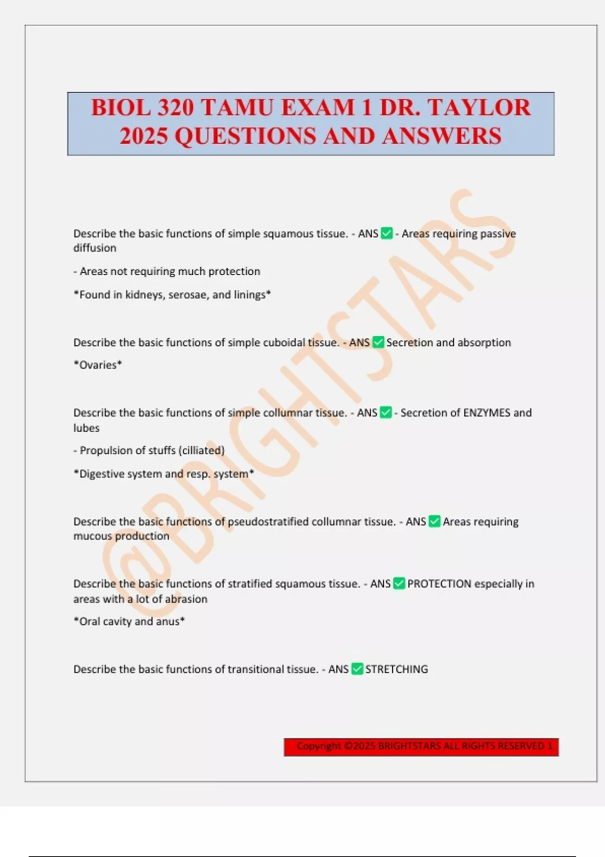 BIOL 320 TAMU EXAM 1 DR. TAYLOR 2025 QUESTIONS AND ANSWERS - BIOL 320 ...