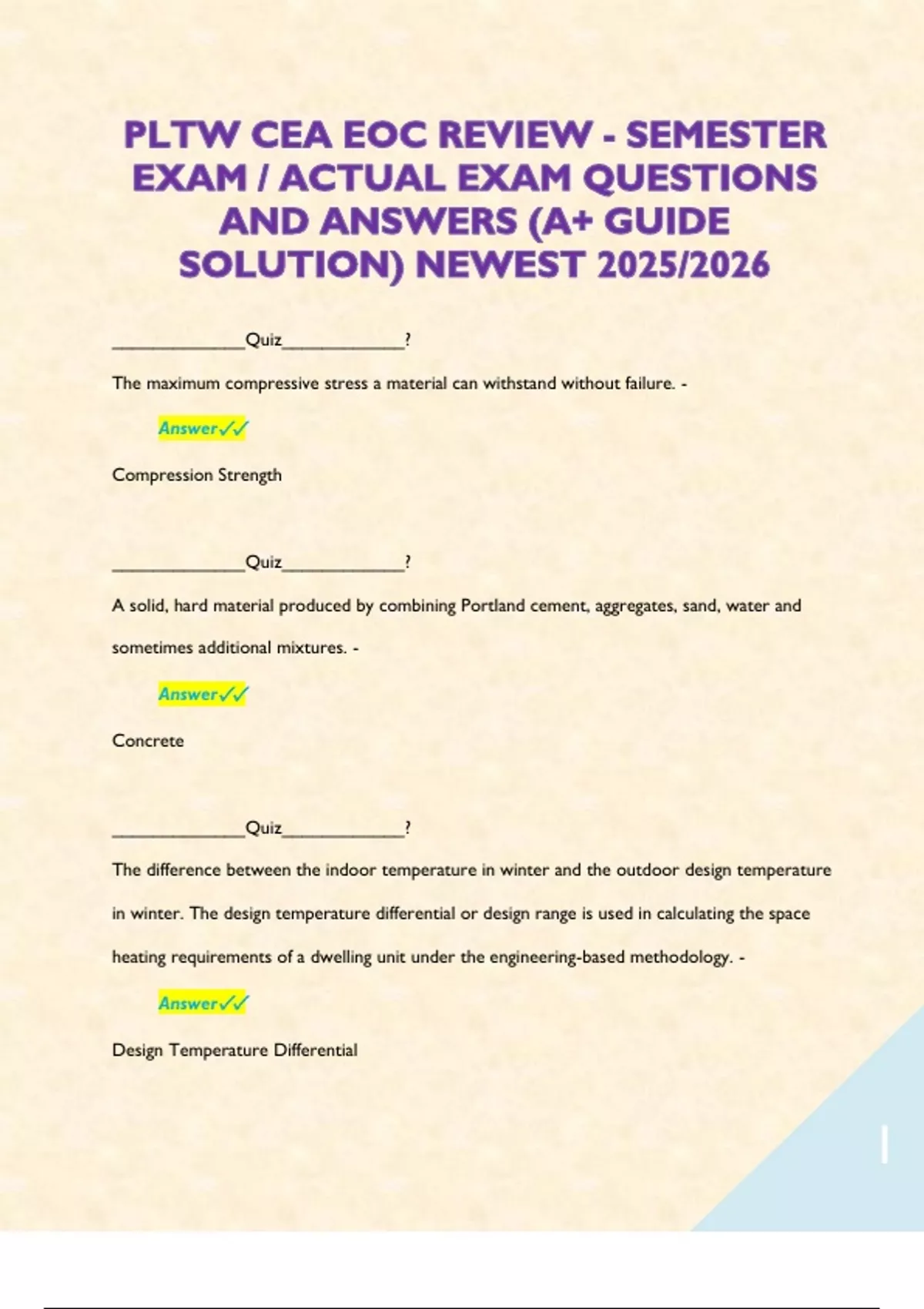 PLTW CEA EOC REVIEW - SEMESTER EXAM / ACTUAL EXAM QUESTIONS AND ANSWERS ...