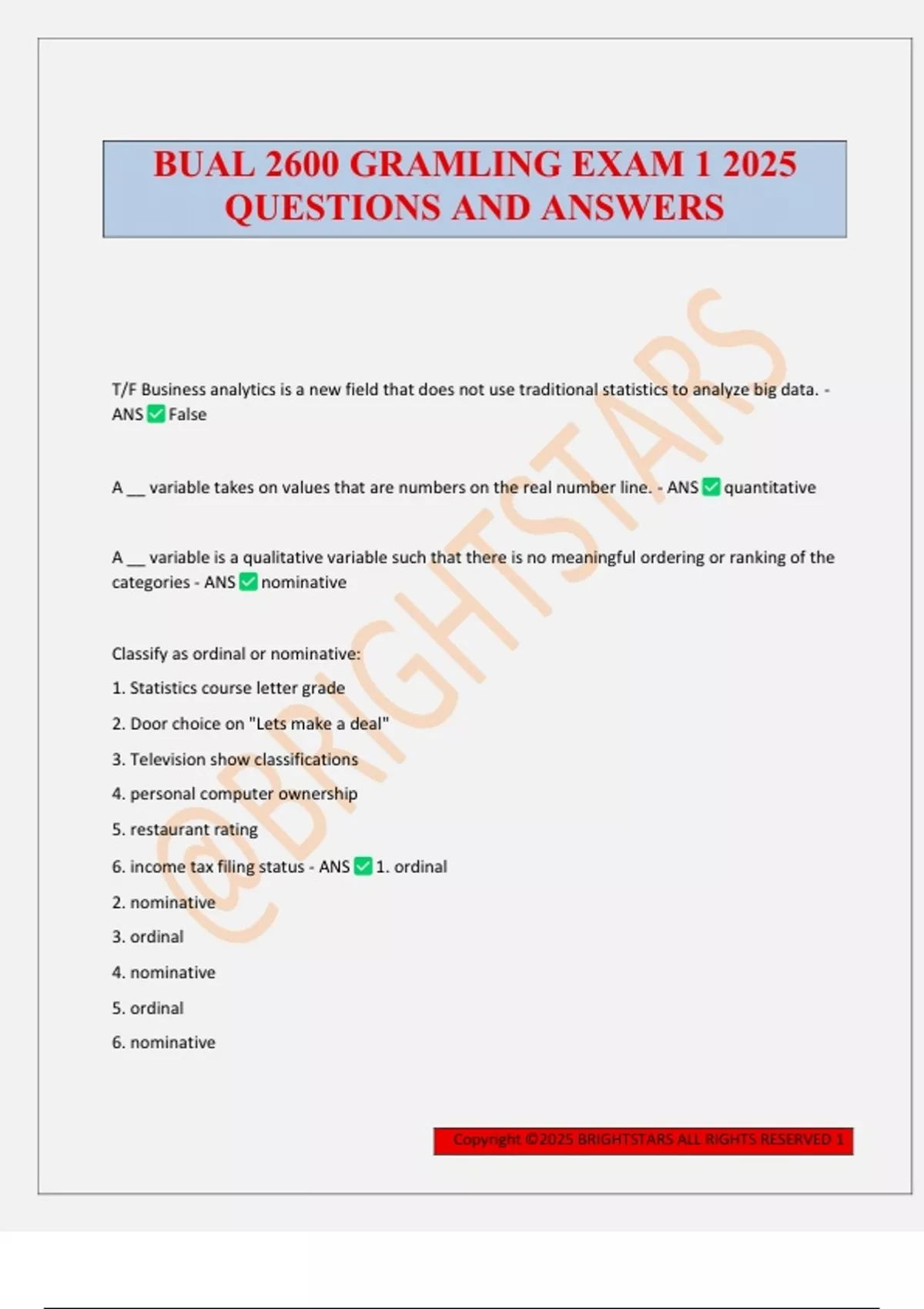 BUAL 2600 GRAMLING EXAM 1 2025 QUESTIONS AND ANSWERS - BUAL 2600 ...
