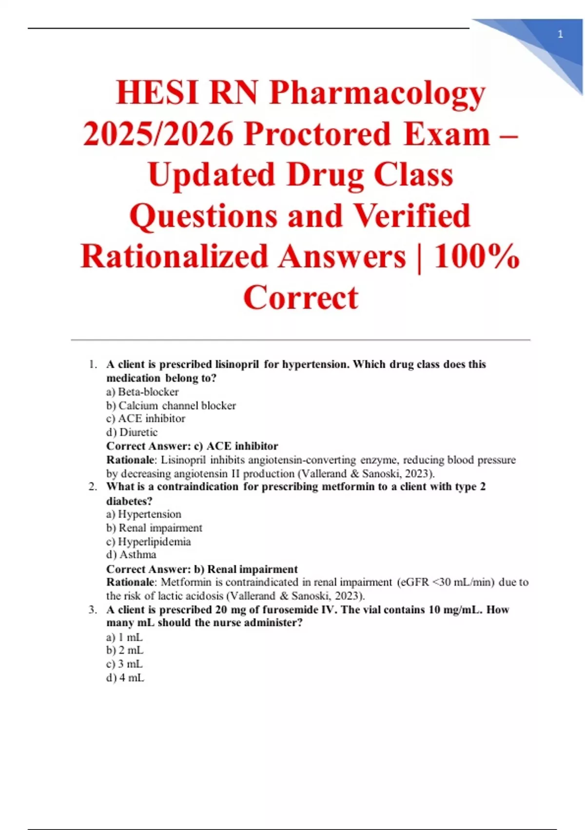 HESI RN Pharmacology 2025/2026 Proctored Exam – Updated Drug Class ...