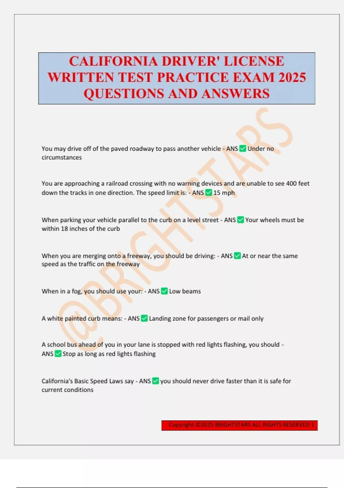 CALIFORNIA DRIVER' LICENSE WRITTEN TEST PRACTICE EXAM 2025 QUESTIONS ...