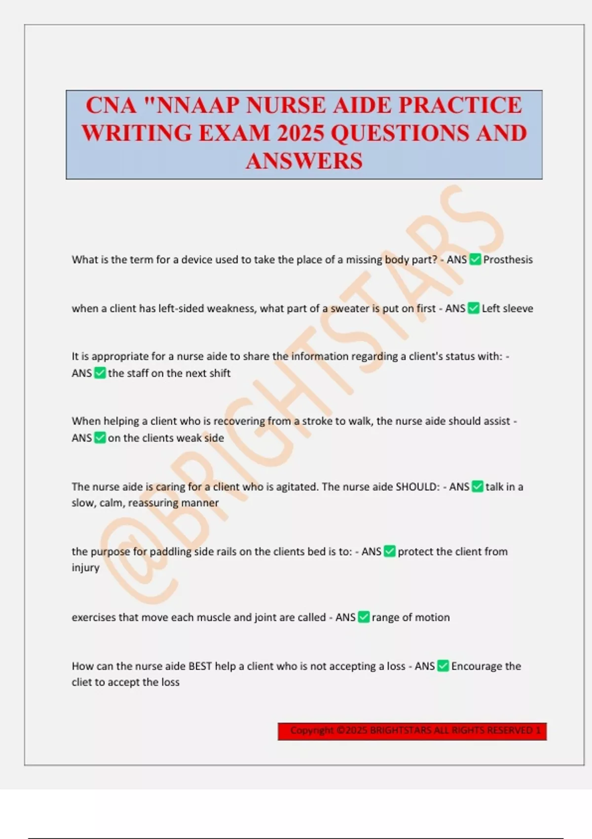 CNA "NNAAP NURSE AIDE PRACTICE WRITING EXAM 2025 QUESTIONS AND ANSWERS ...