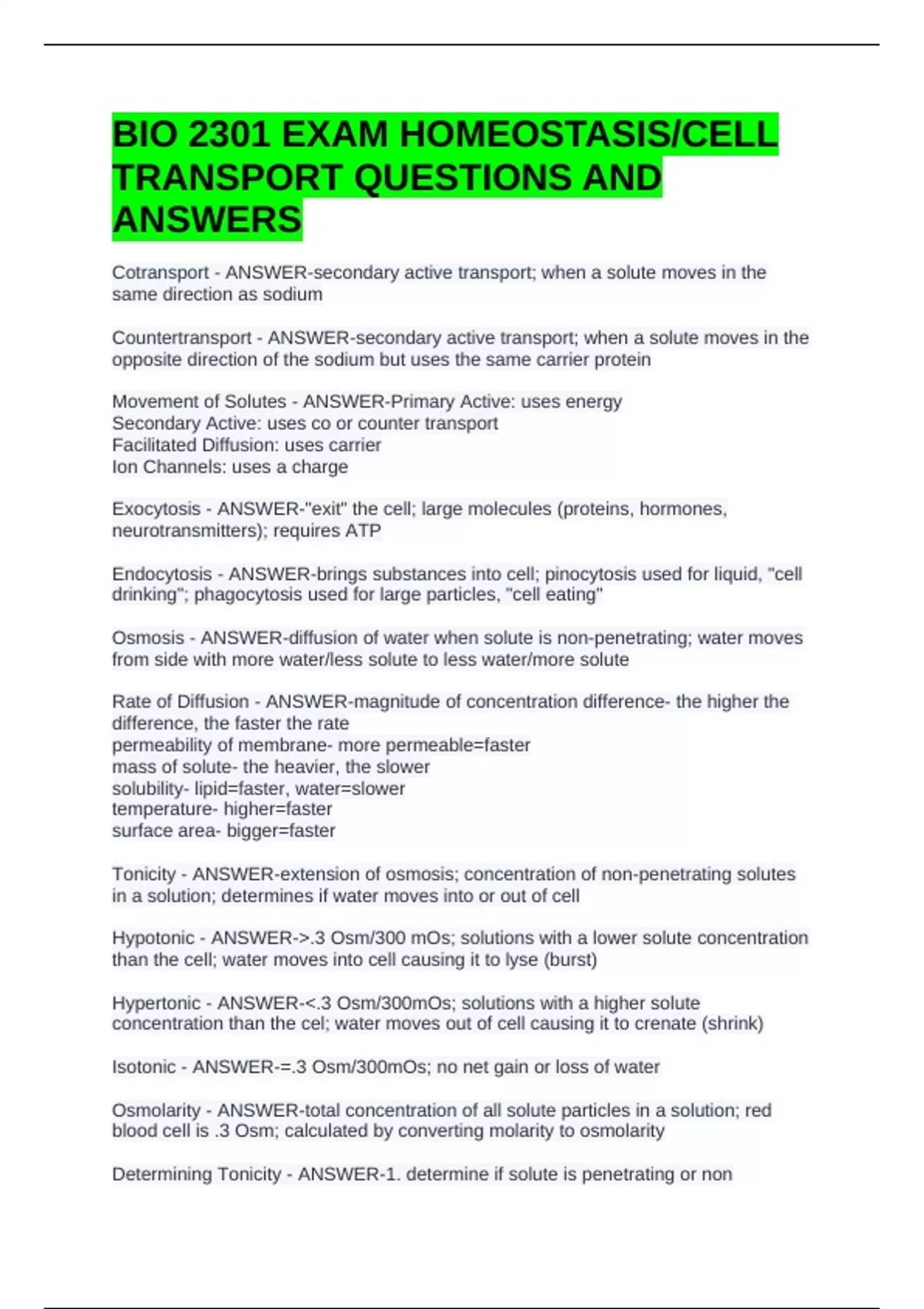 BIO 2301 EXAM HOMEOSTASIS/CELL TRANSPORT QUESTIONS AND ANSWERS - BIO ...