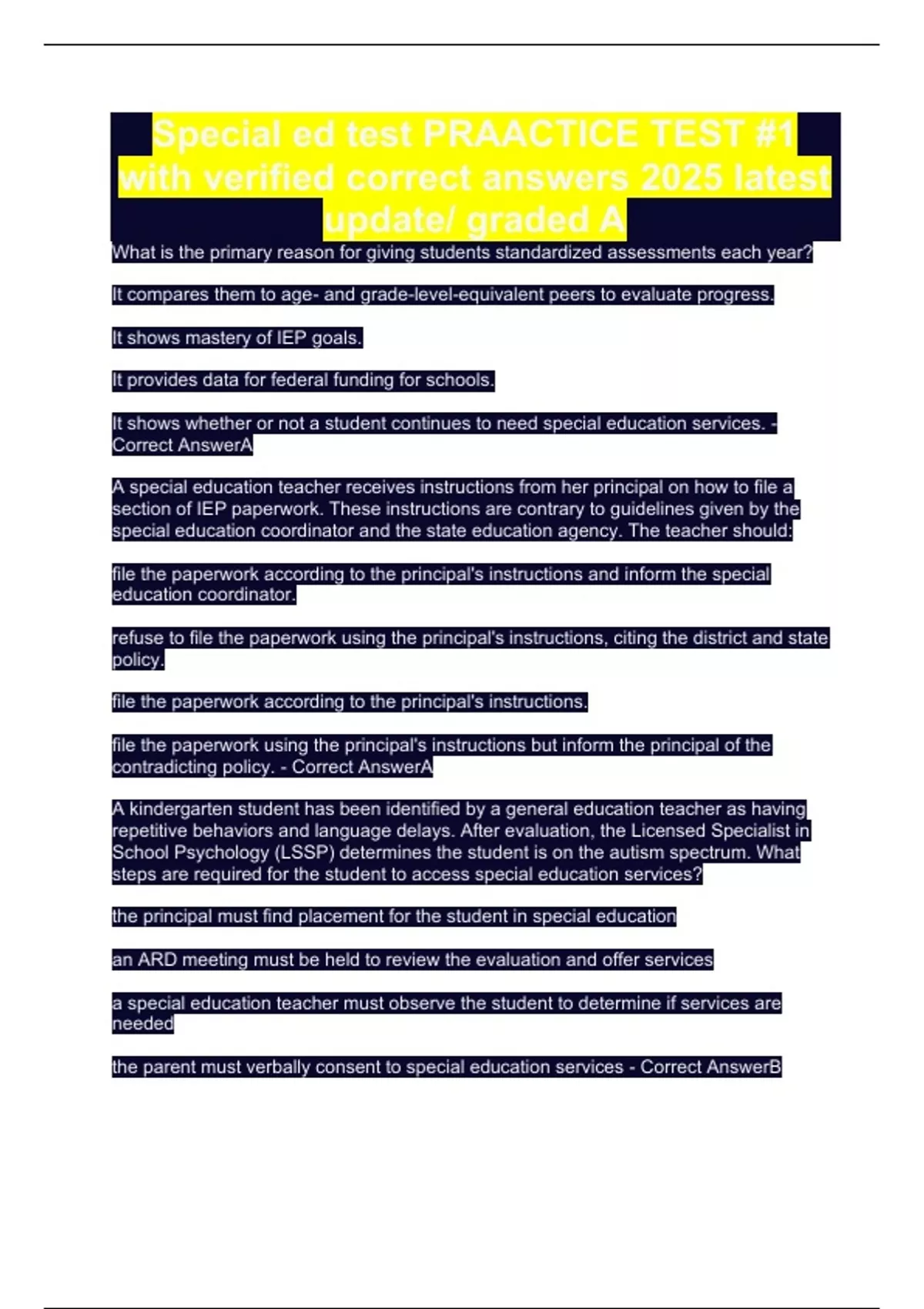 Special ed test PRAACTICE TEST #1 with verified correct answers 2025 ...
