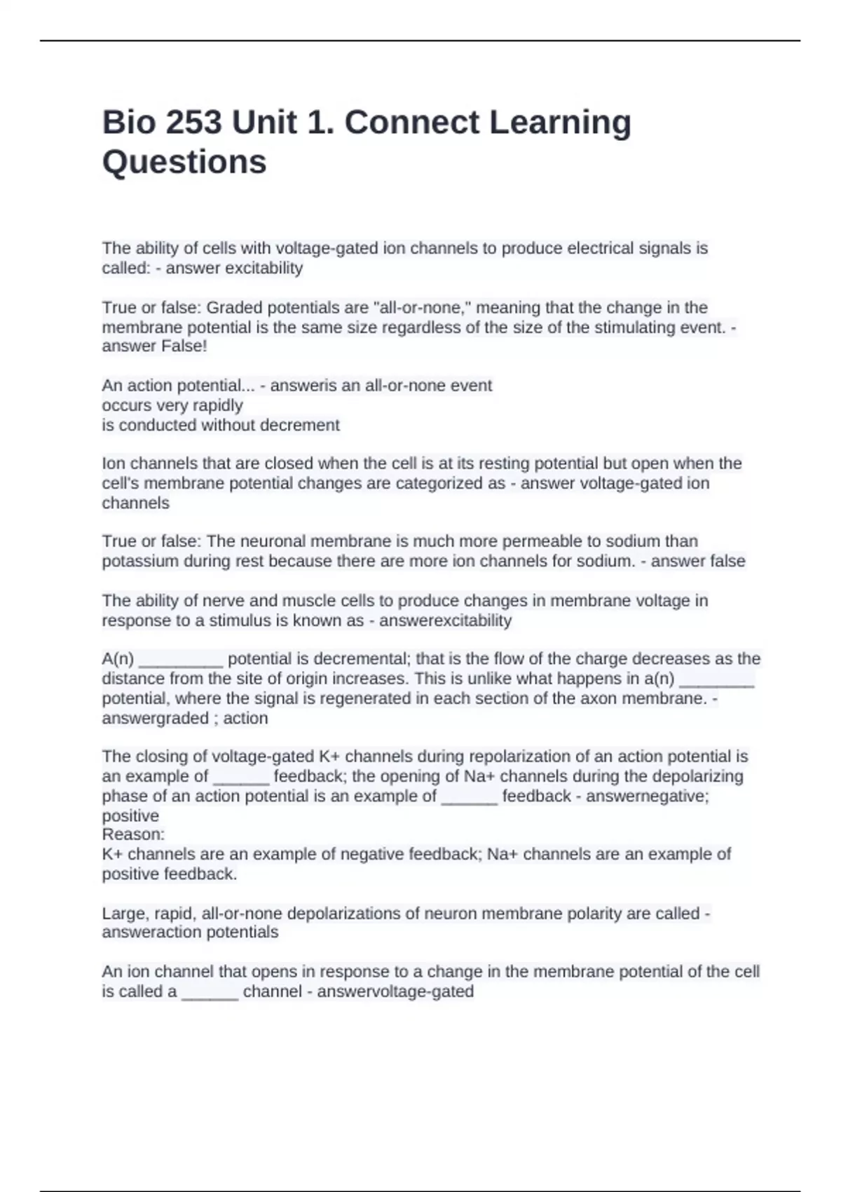 Bio 253 Unit 1. Connect Learning Questions and Answers 2025 - BIO 253 ...