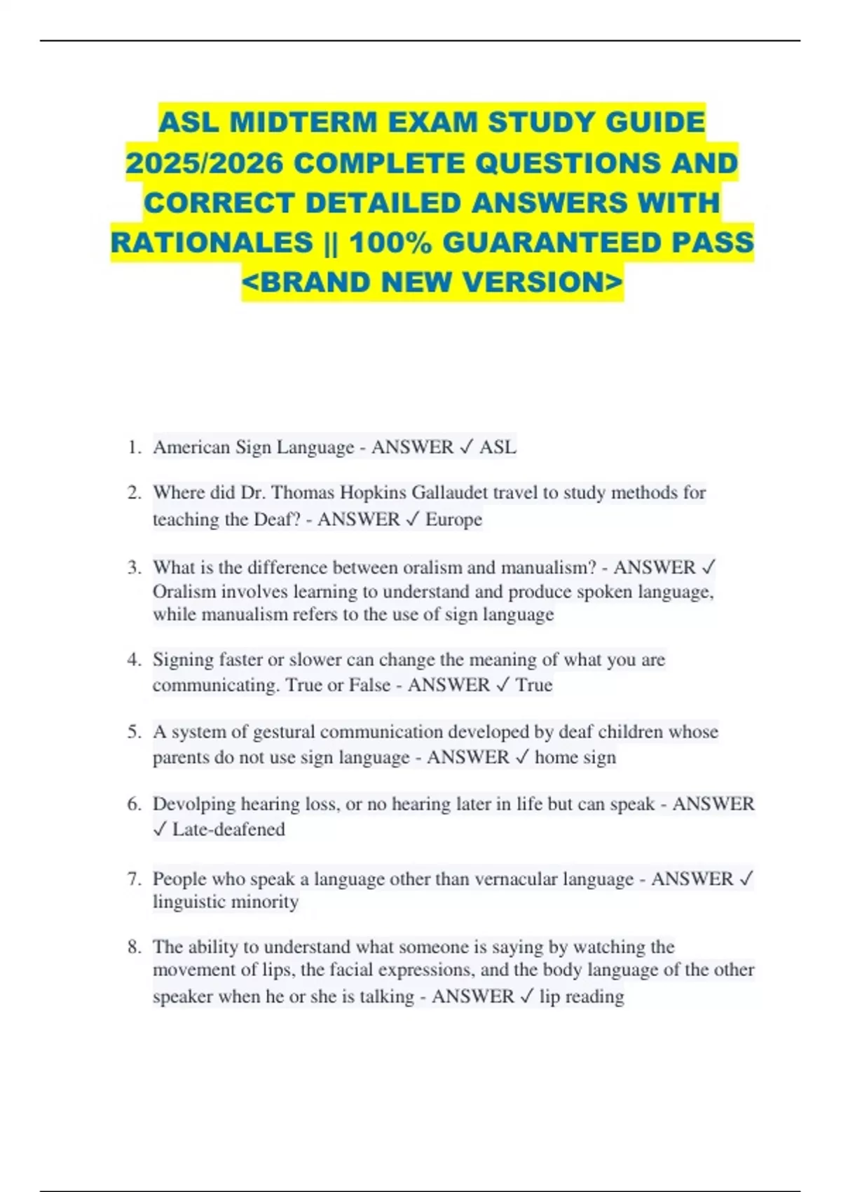 ASL MIDTERM EXAM STUDY GUIDE 2025/2026 COMPLETE QUESTIONS AND CORRECT ...