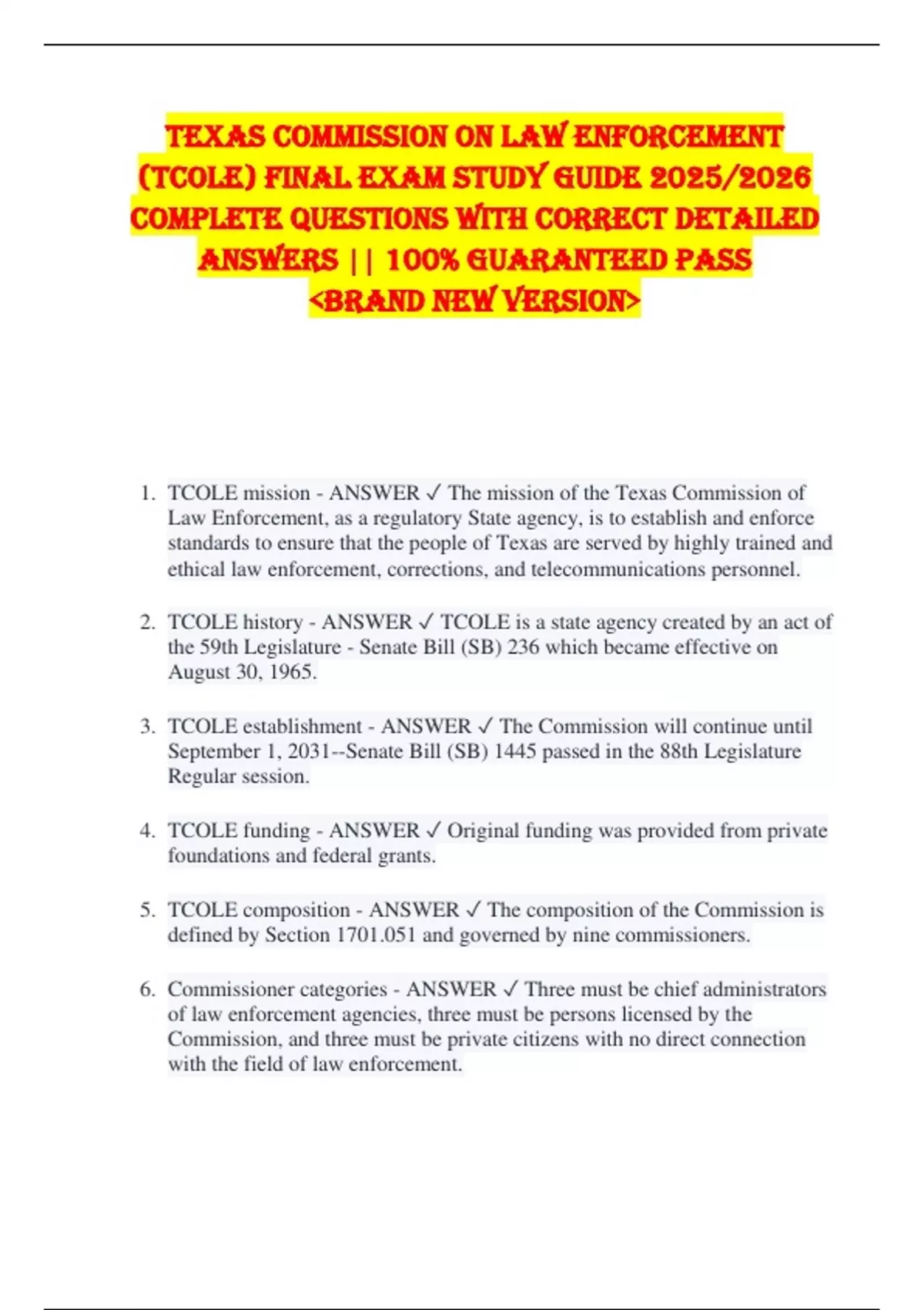Texas Commission on Law Enforcement (TCOLE) FINAL EXAM STUDY GUIDE 2025 ...
