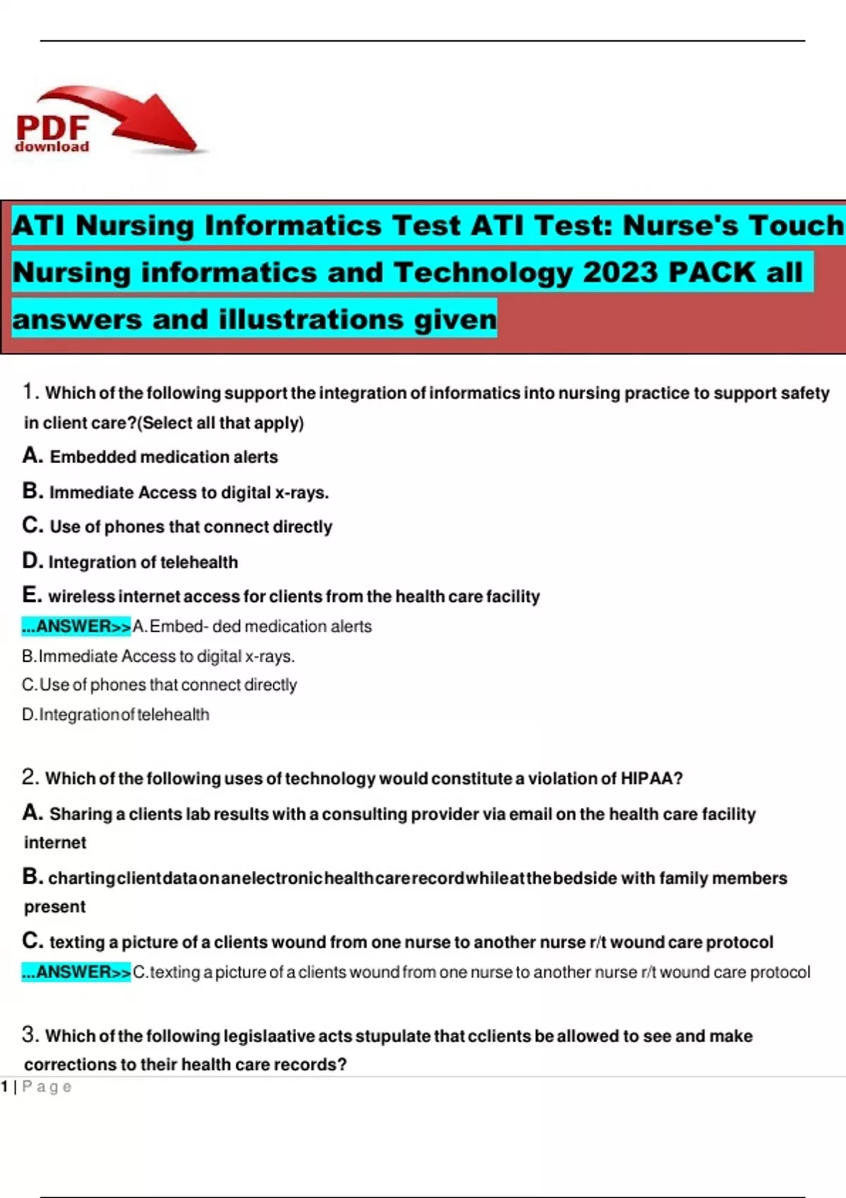 ATI Nursing Informatics Test ATI Test: Nurse's Touch: Nursing ...