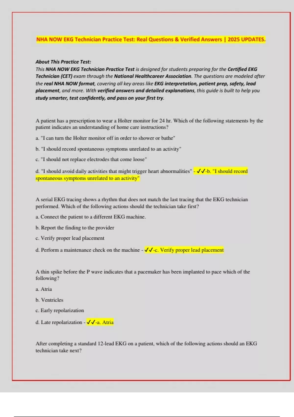 NHA NOW EKG Technician Practice Test: Real Questions & Verified Answers ...