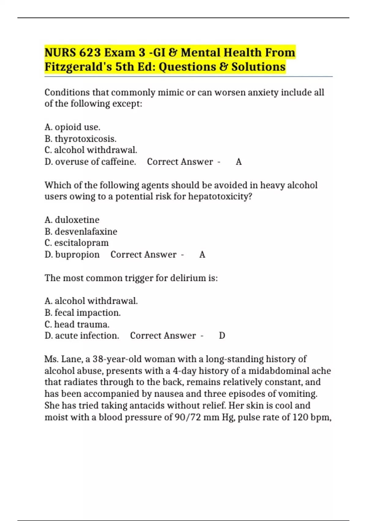 NURS 623 Exam 3 -GI & Mental Health From Fitzgerald's 5th Ed: Questions ...
