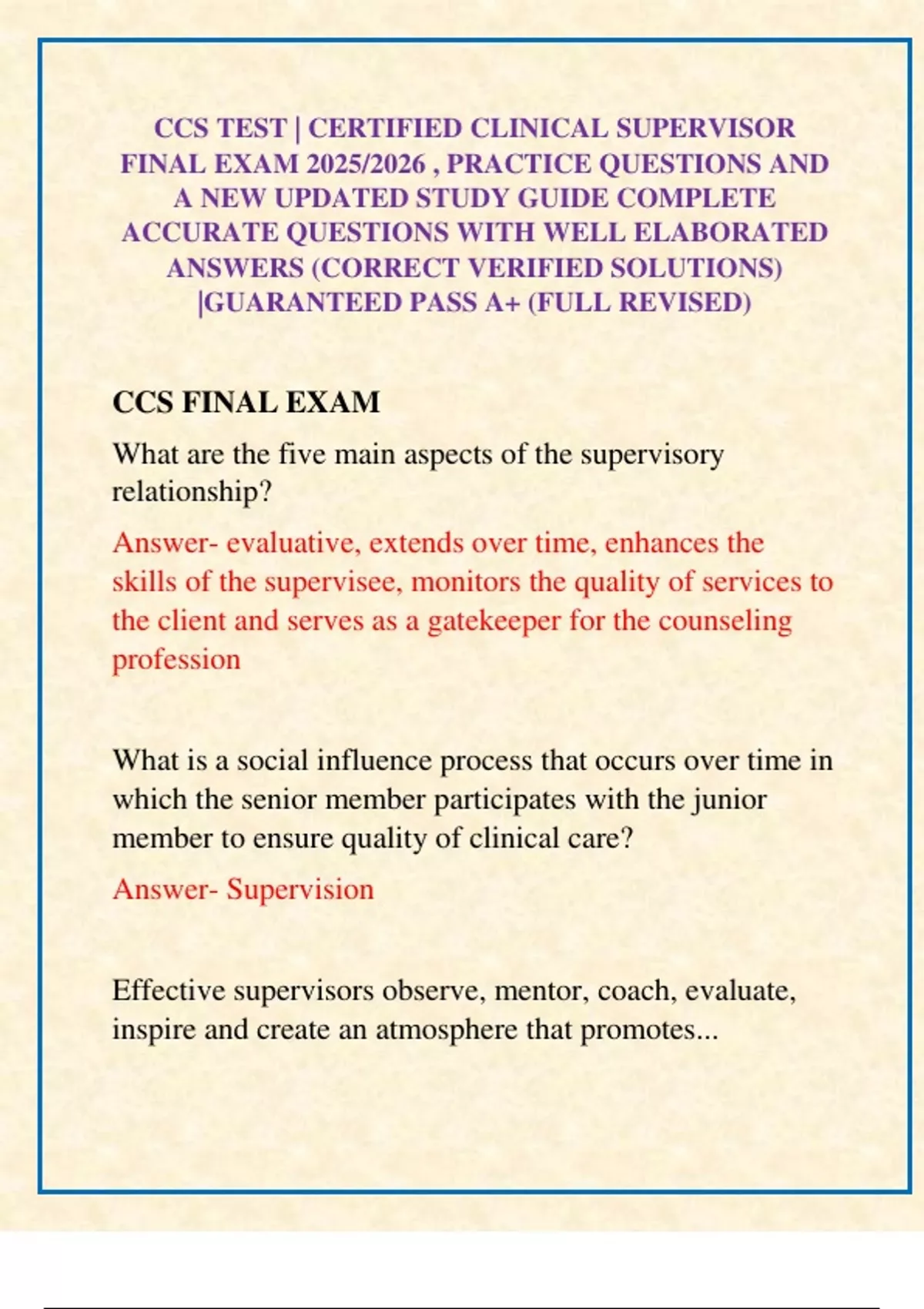 CCS TEST | CERTIFIED CLINICAL SUPERVISOR FINAL EXAM 2025/2026 ...