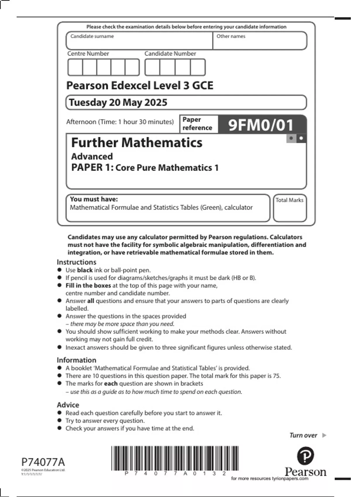 EDEXCEL A LEVEL MAY JUNE 2025 FURTHER MATHS PAPER 1 CORE PURE MATHS 1 ...