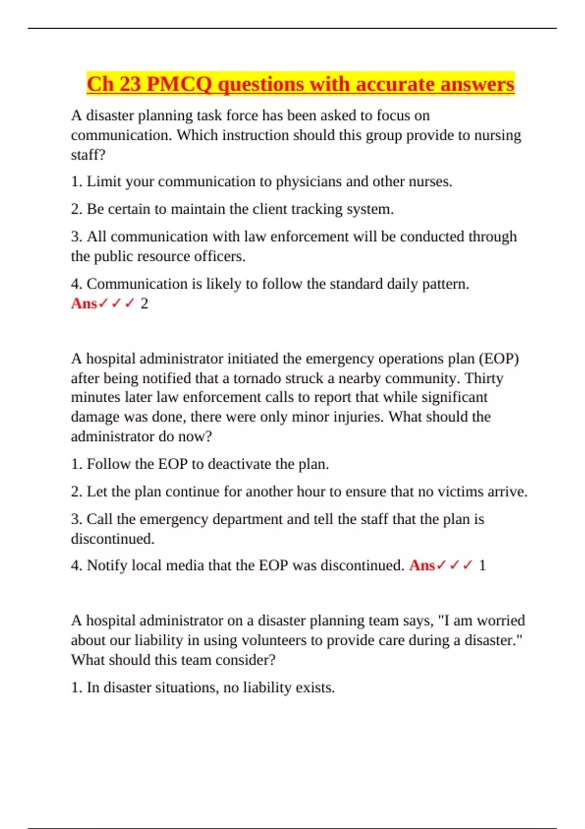 Chapter 23 PMCQ – Disaster Preparedness and Emergency Management ...