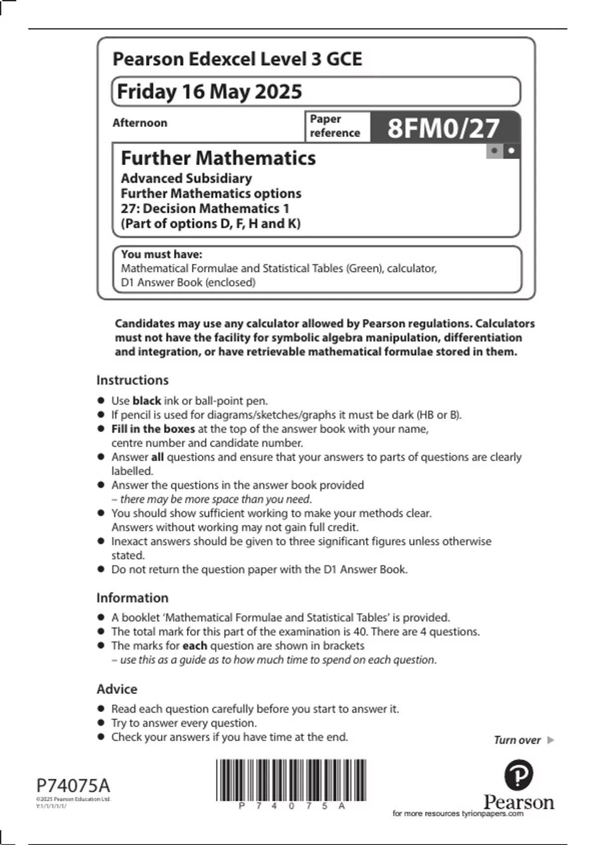 EDEXCEL AS LEVEL MAY JUNE 2025 FURTHER MATHS PAPER 27 DECISION MATHS 1 ...