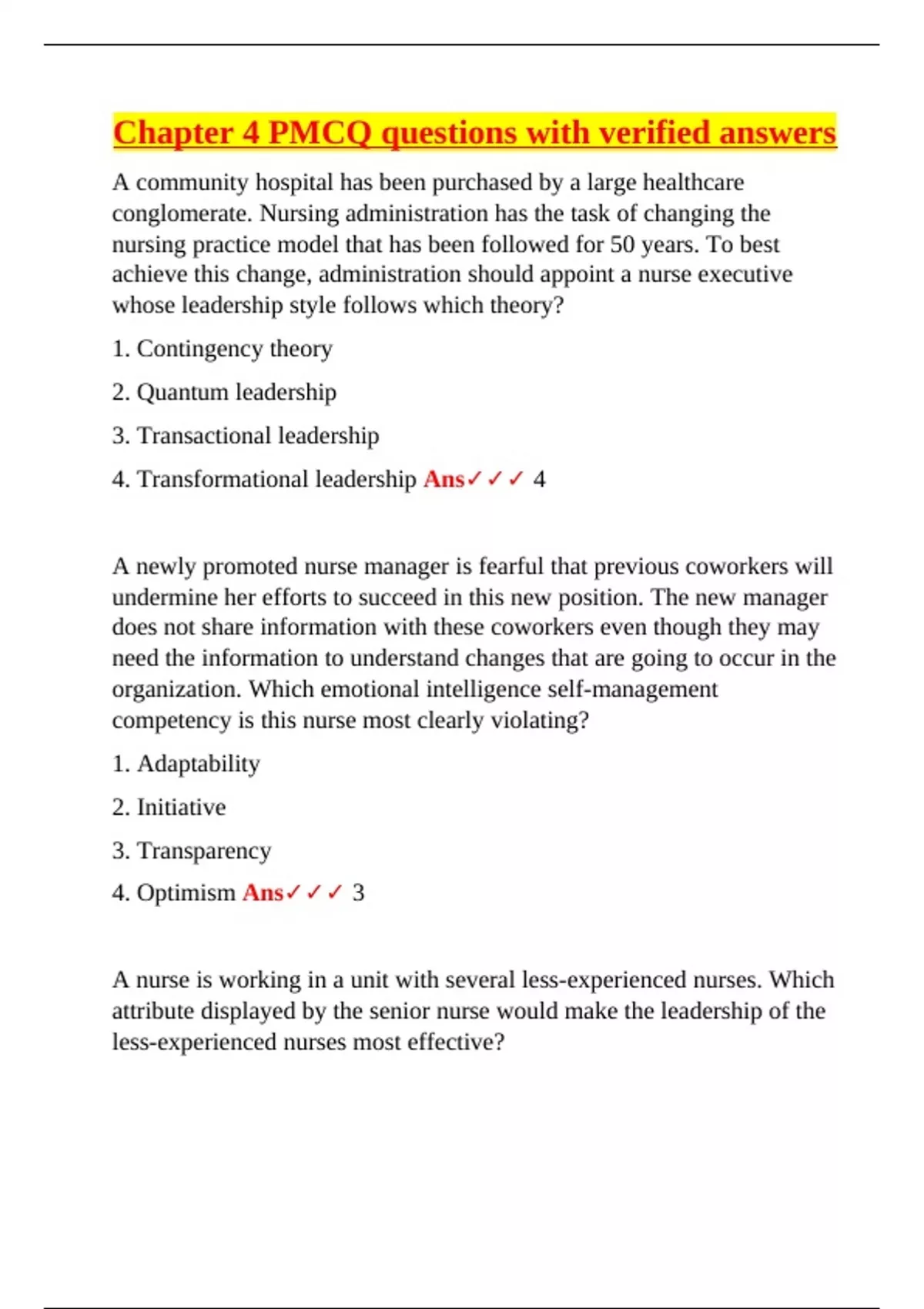 Chapter 4 PMCQ – Nursing Leadership and Management Questions with ...