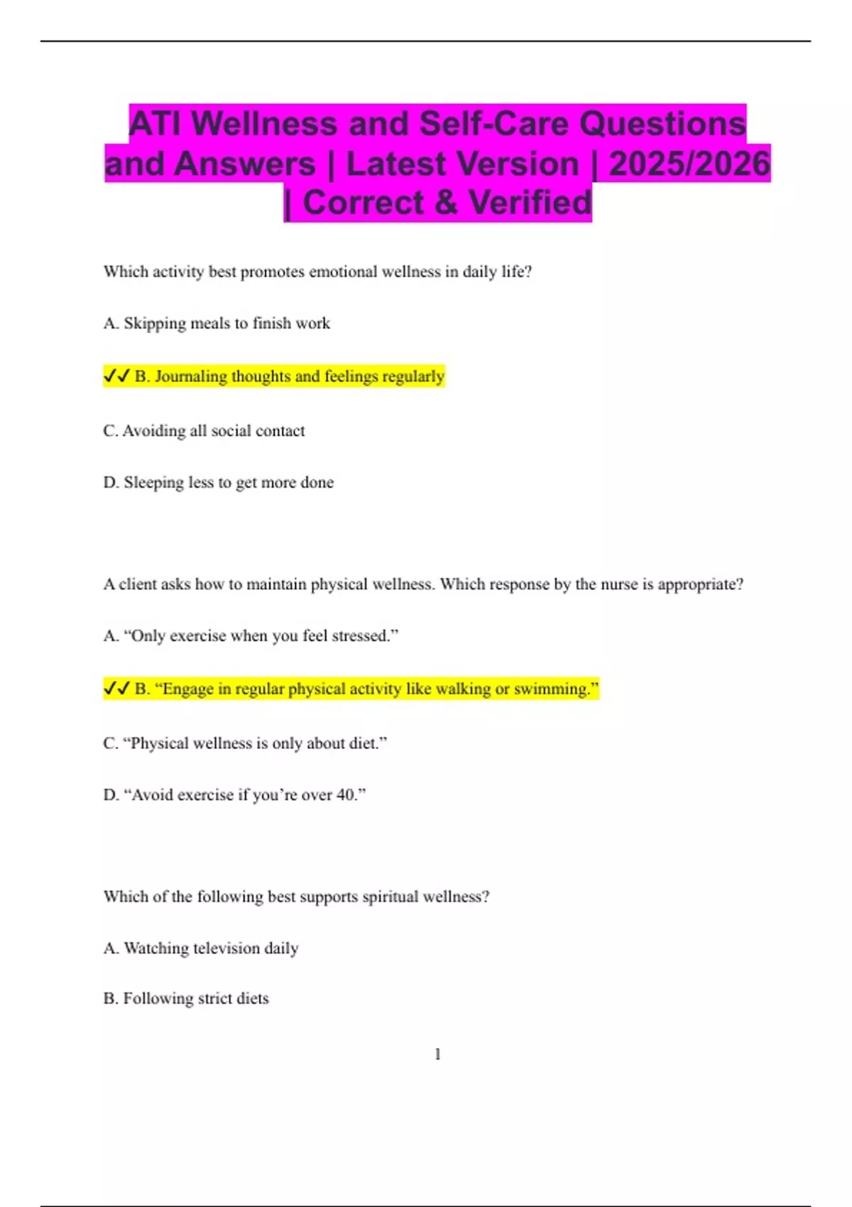 ATI Wellness and Self-Care Questions and Answers | Latest Version ...
