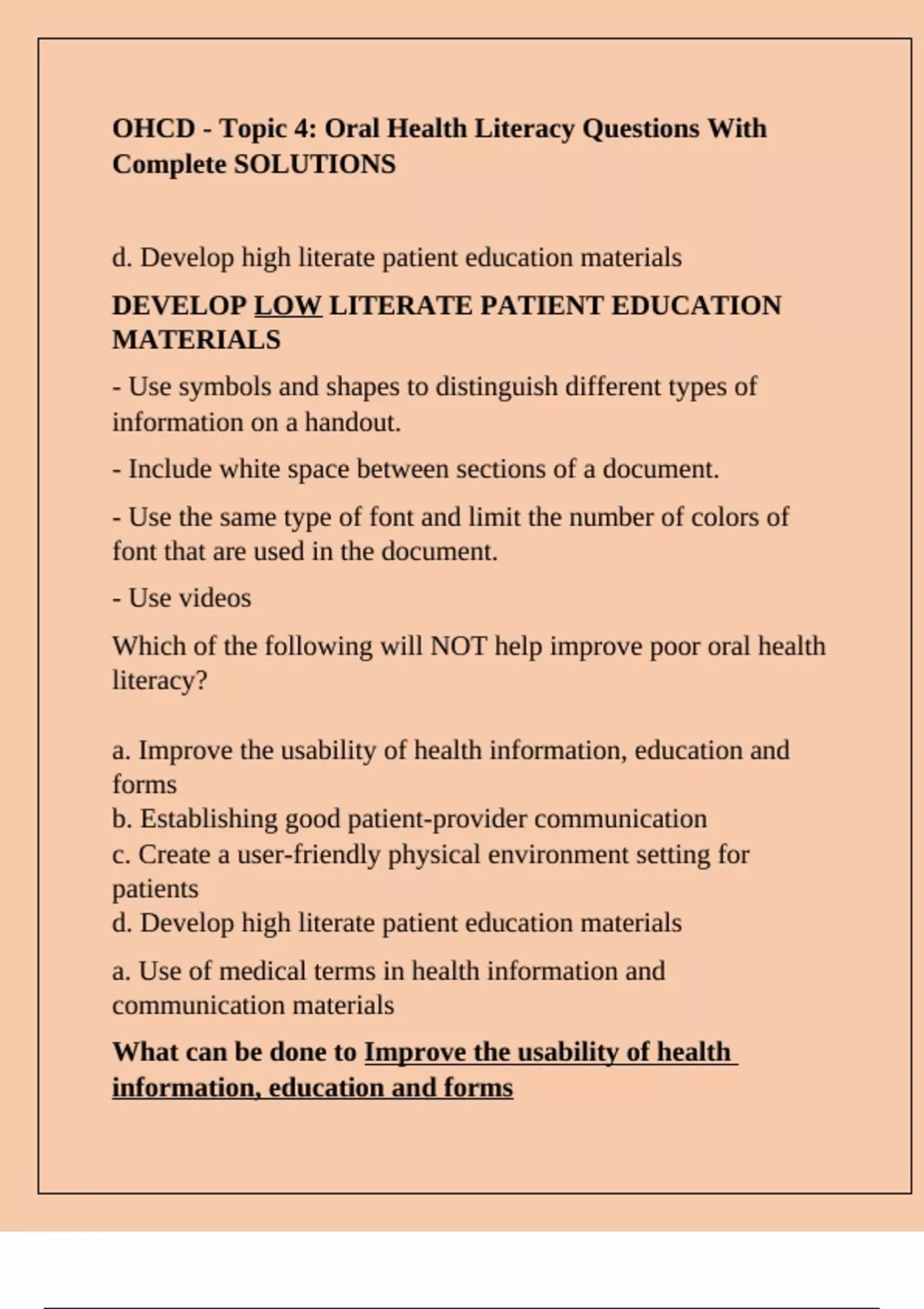 OHCD - Topic 4: Oral Health Literacy Questions With Complete SOLUTIONS ...