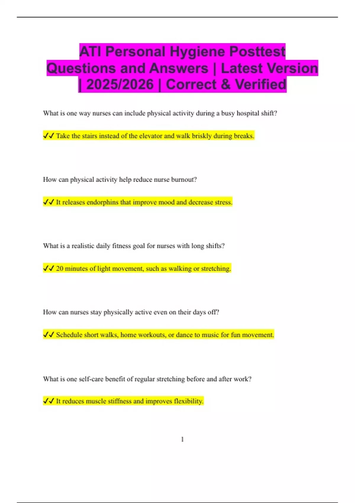 ATI Personal Hygiene Posttest Questions and Answers | Latest Version ...